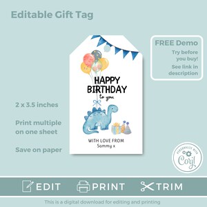 Personalised Birthday Gift Tag With Dinosaur, Kids Gift Tag, Edit and ...