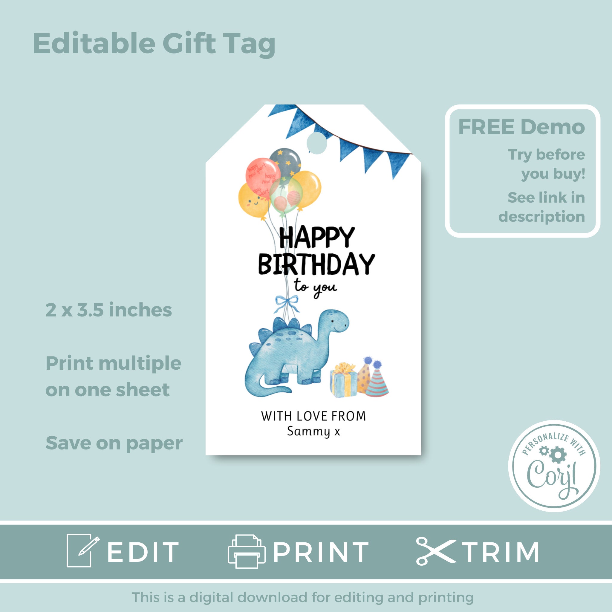 Personalised Birthday Gift Tag With Dinosaur, Kids Gift Tag, Edit and ...