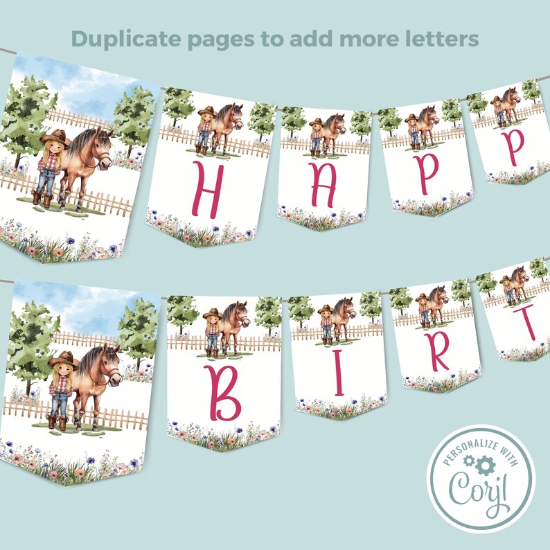 Saddle up Girl Happy Birthday Banner, Editable Banner Party Decorations ...