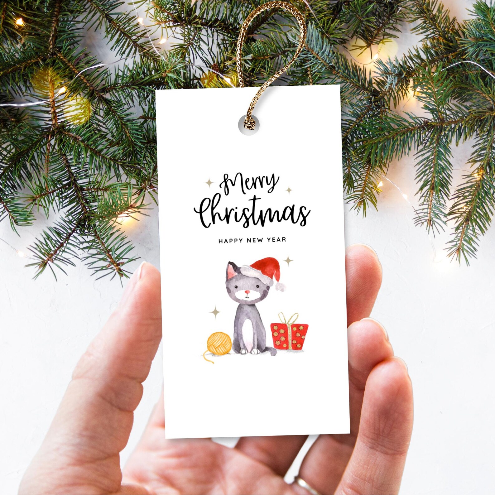Printable Christmas Gift Tag, Cute Cat With Santa Hat, 2"x3.5" Holiday ...