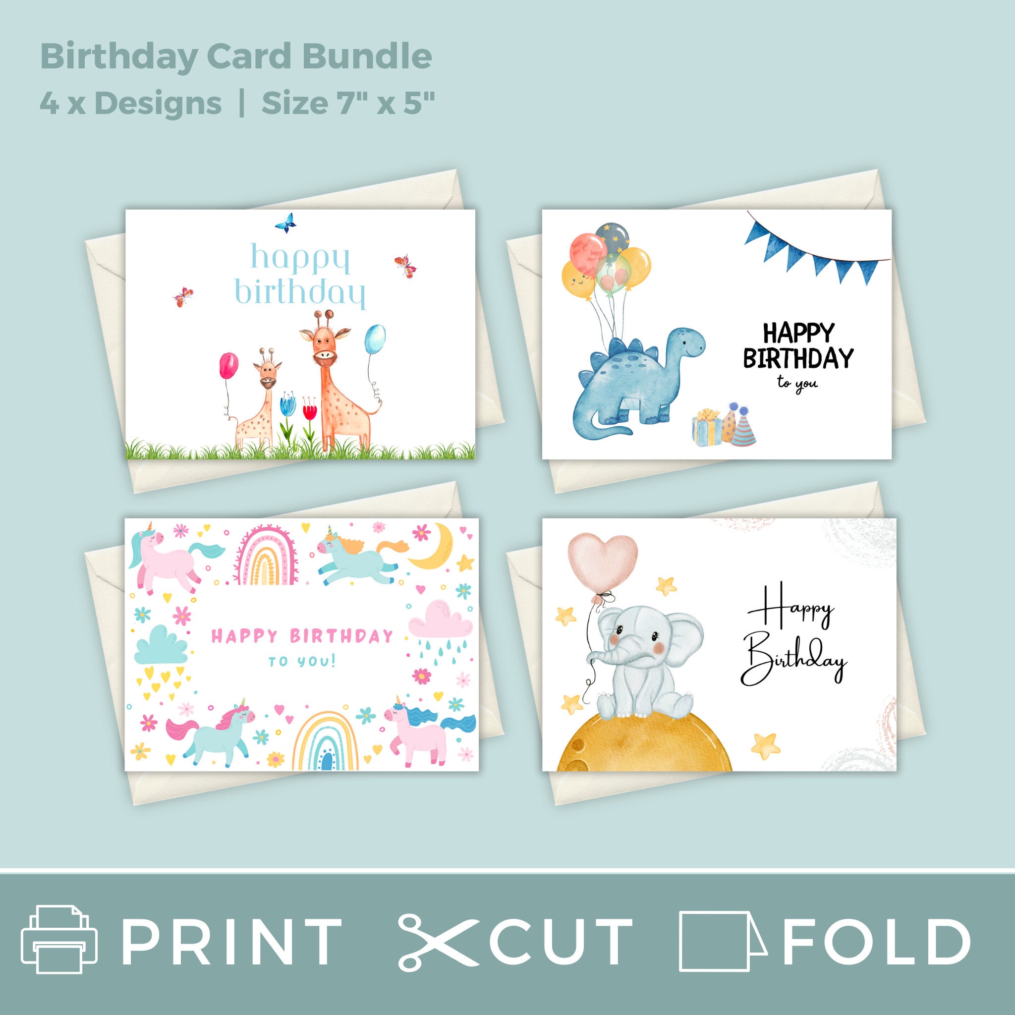 Kids Birthday Card Pack, Birthday Card Bundle, Set of 4 Printable ...