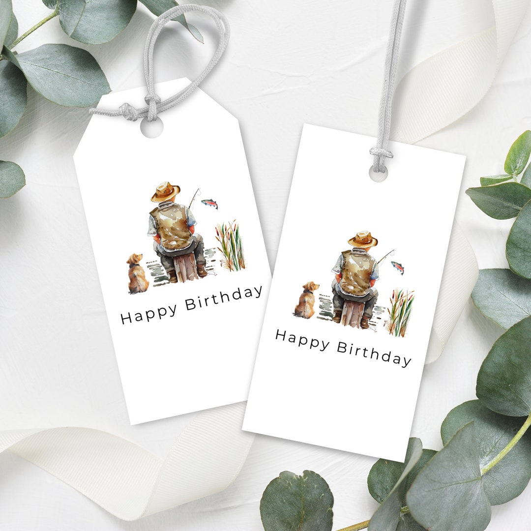 Printable Birthday Gift Tag, Dad Fishing With Dog Design, Outdoor Theme ...