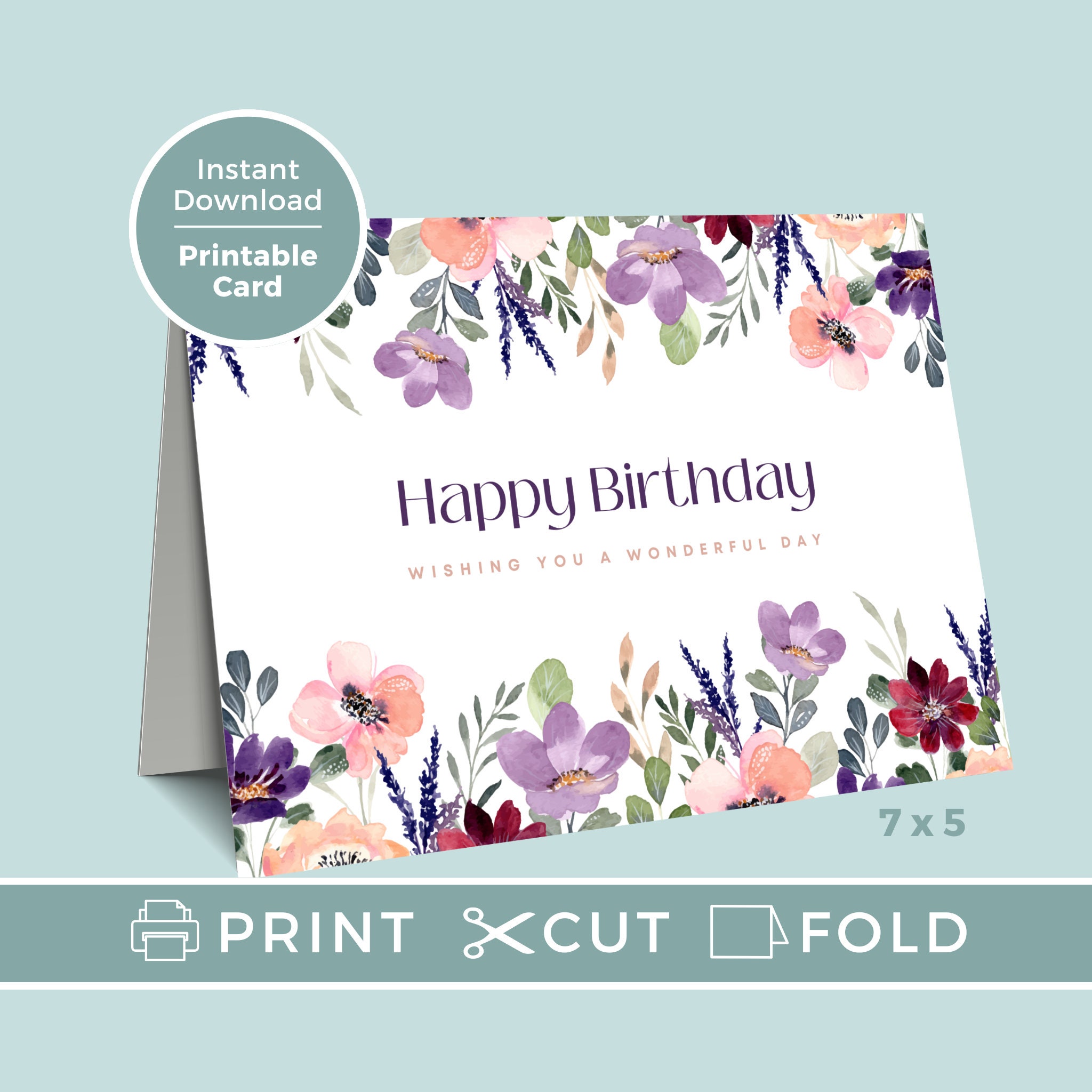 Printable Birthday Card With Purple Flower, Floral Birthday Card ...