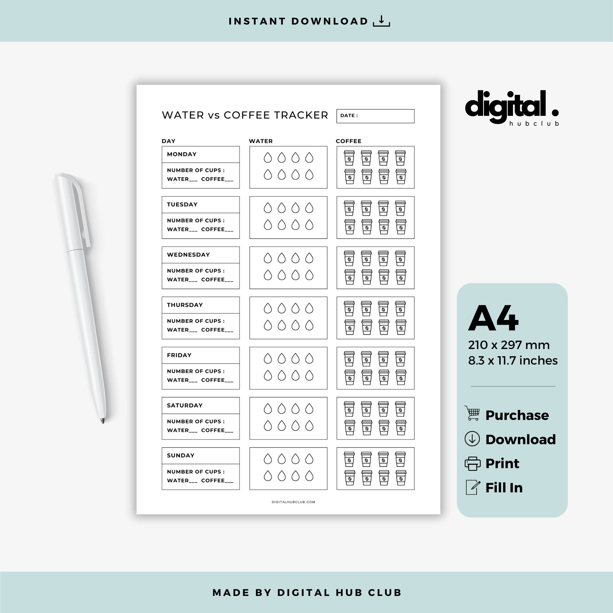 Weekly Water Hydration Tracker, Water Vs Coffee Intake Tracker, Daily ...