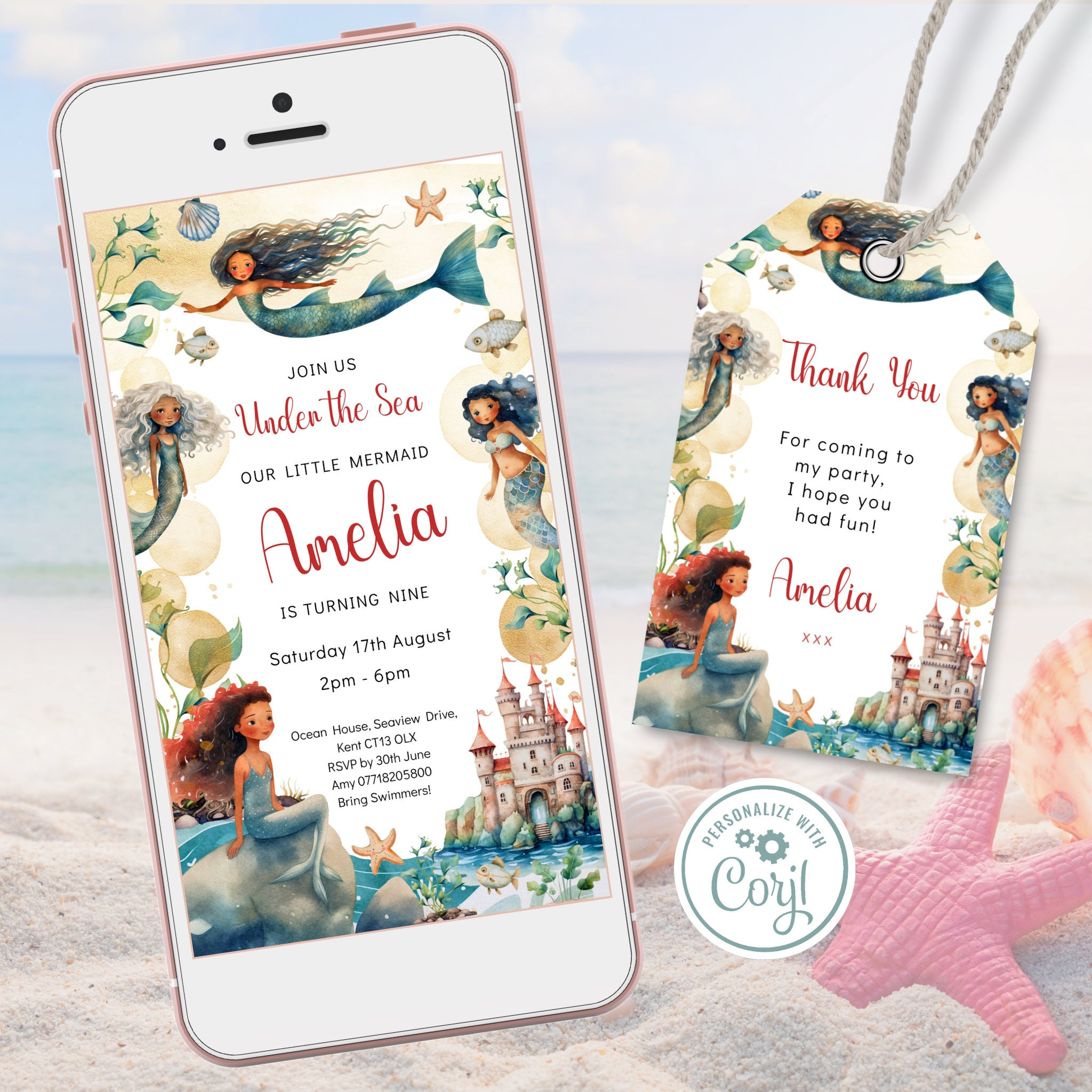 Editable Mermaid Under the Sea Phone Invitation Template, Editable ...