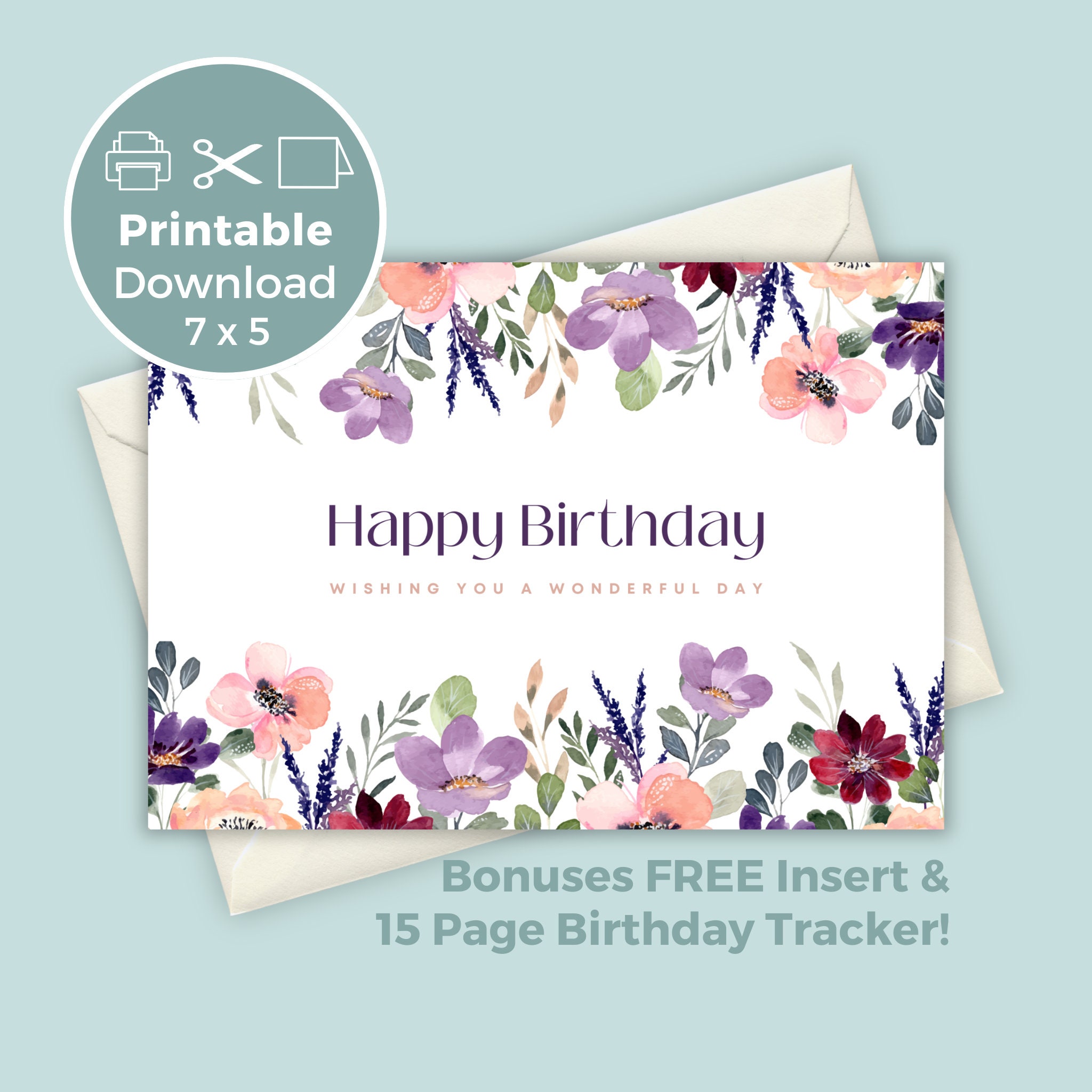 Printable Birthday Card With Purple Flower, Floral Birthday Card ...