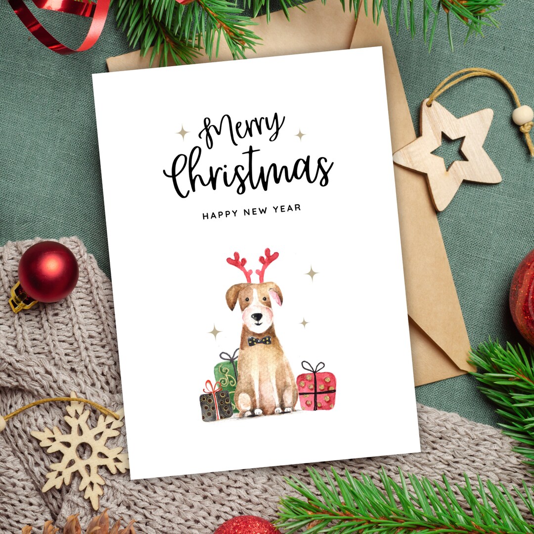 Printable Merry Christmas Card With Cute Dog in Reindeer Antlers ...