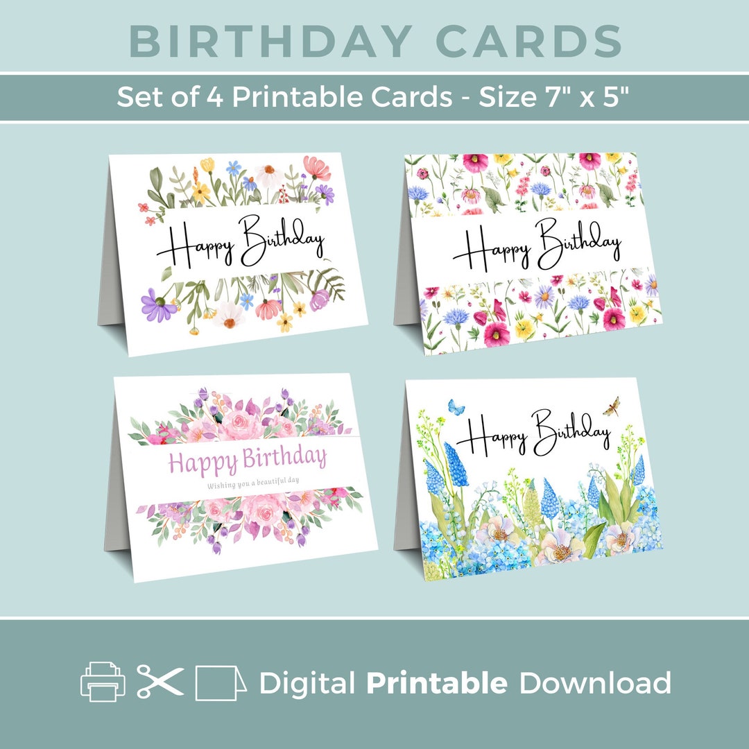 Set of 4 Printable Birthday Cards, Birthday Card Bundle Flowers ...