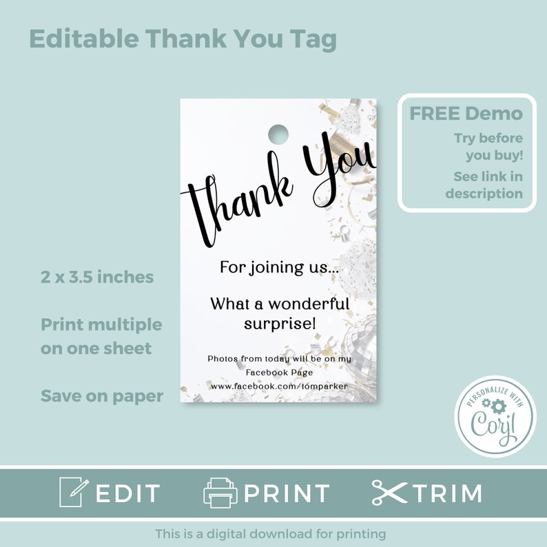 Surprise Birthday Thank You Tag, Party Thank You Tag, Editable Template ...