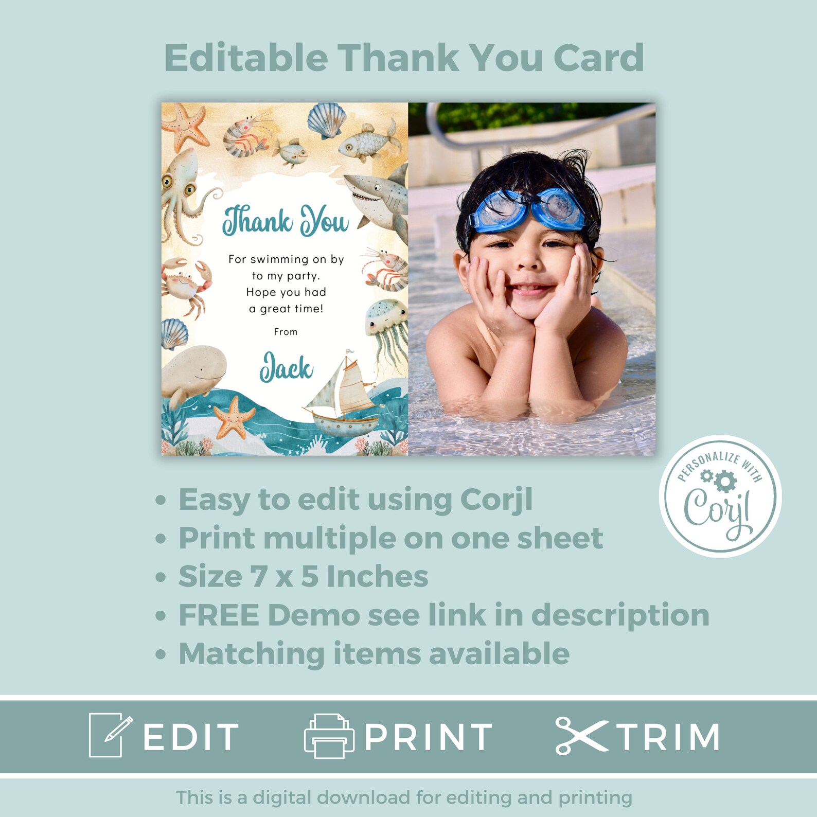 Editable Under the Sea Thank You Card, Swimming Party Thank You Tag ...