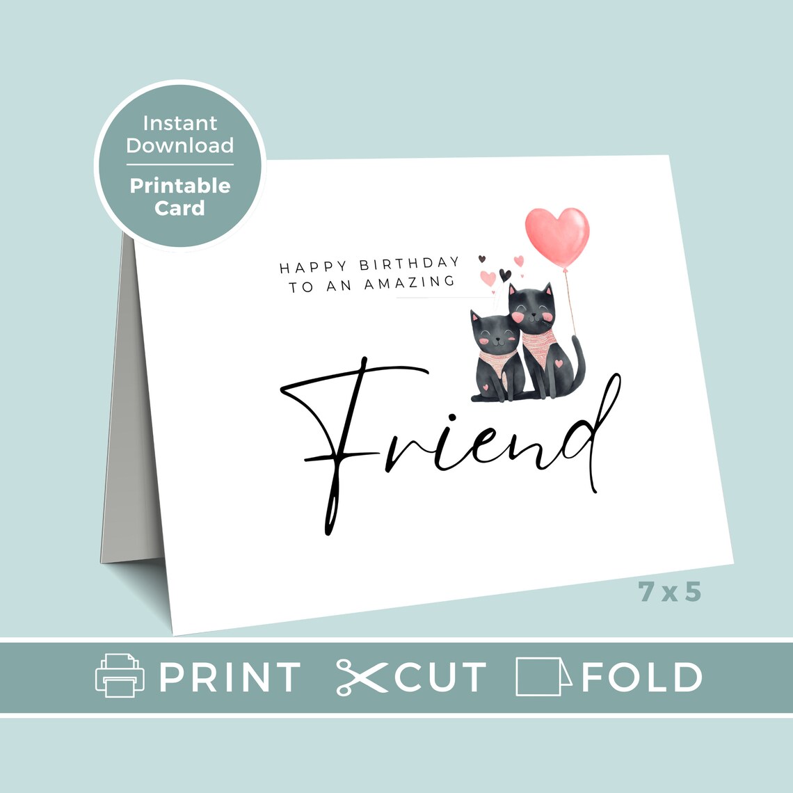 Friend Printable Birthday Card, Cute Cat Friend Greeting Card, Cat ...