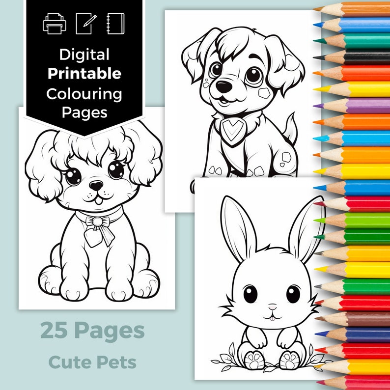 25 Colouring Pages for Kids Printable Cute Pets Colouring - Etsy