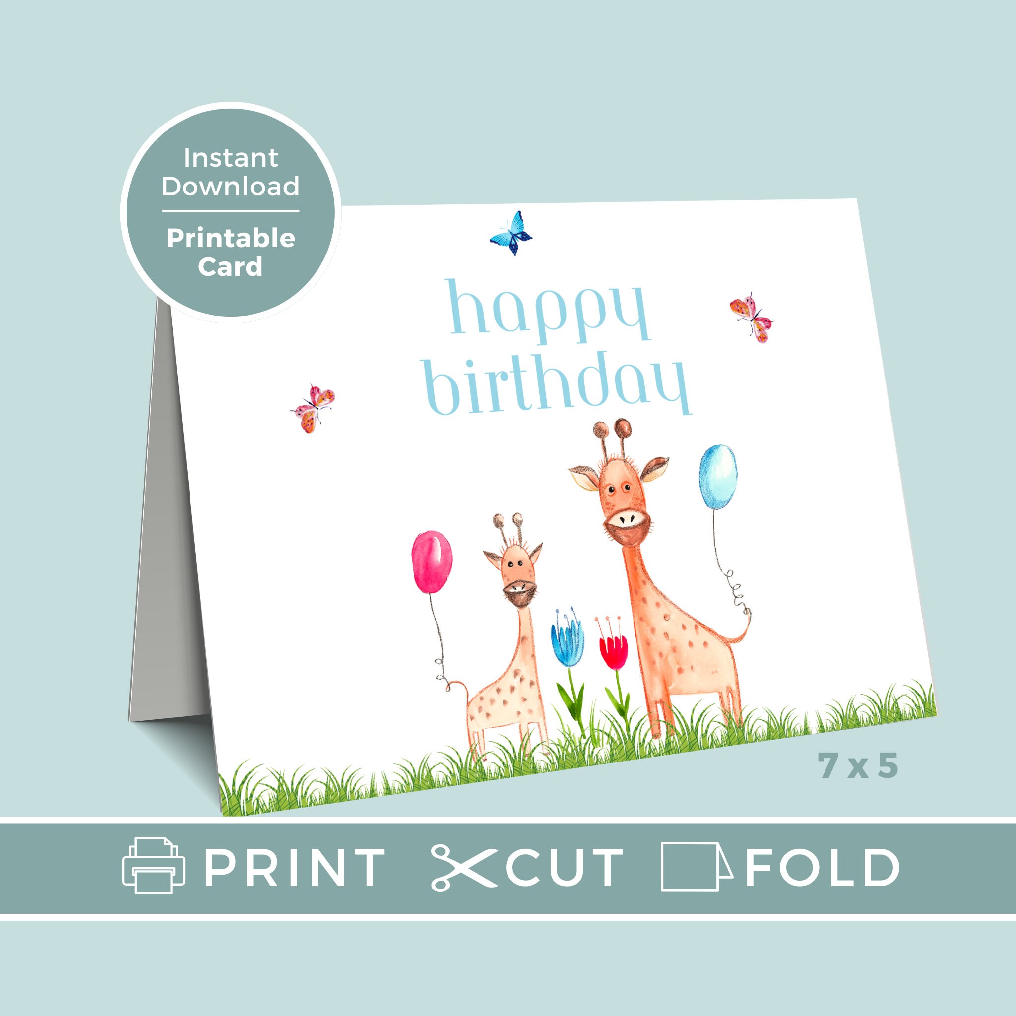 Printable Birthday Card With Giraffe, Animal Birthday Card, Kids ...