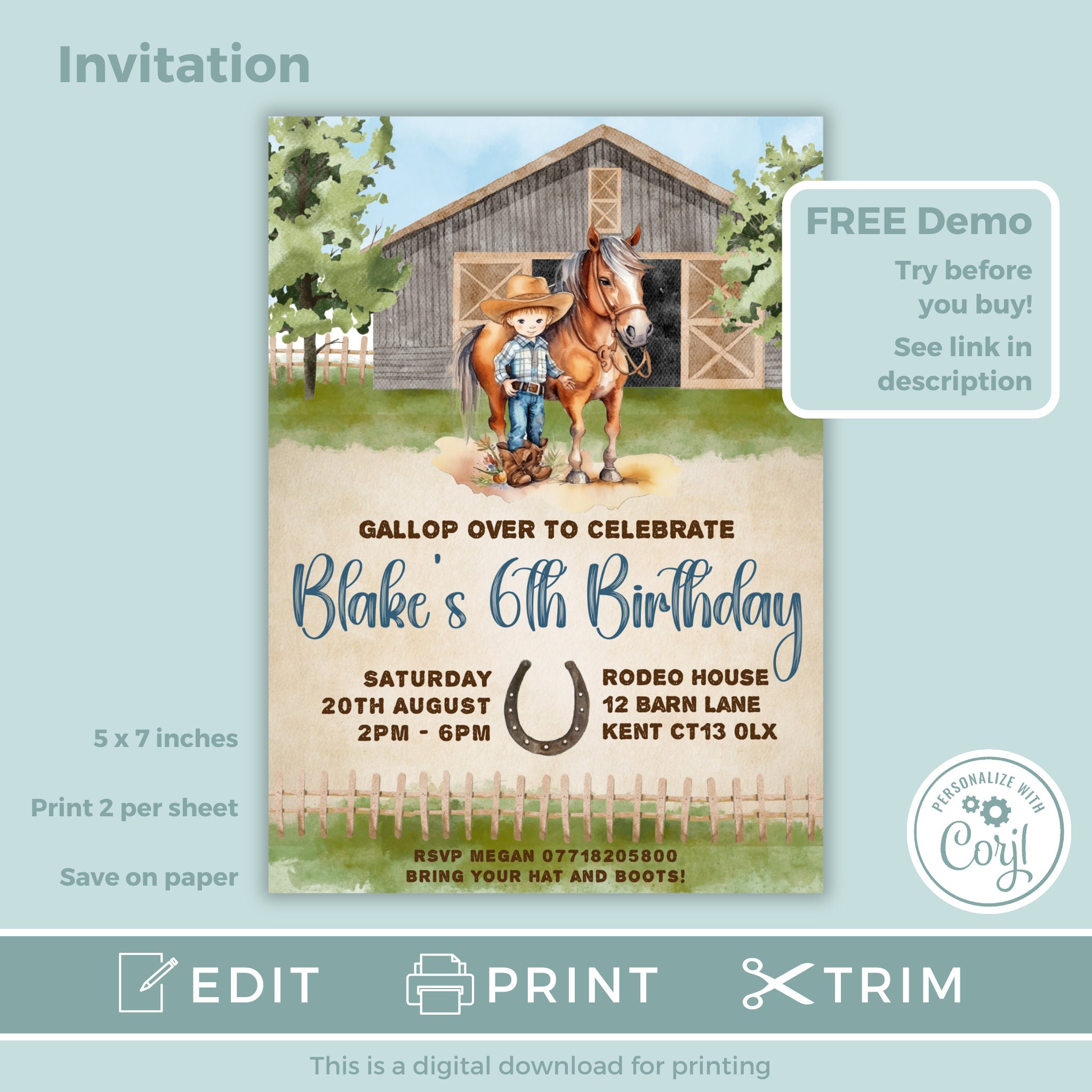 Editable Cowboy Birthday Invitation, Wild West Birthday Invitation ...