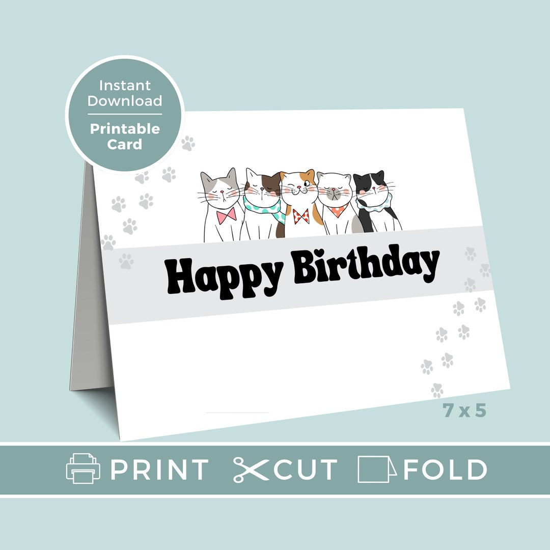 Printable Cat Birthday Card Adorable Kitty Greeting - Etsy