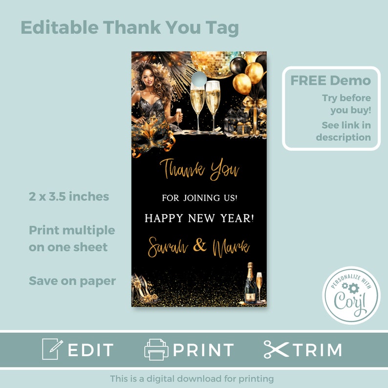 Editable New Year Eve Thank You Tag, Gold and Black Party Thank You Tag ...