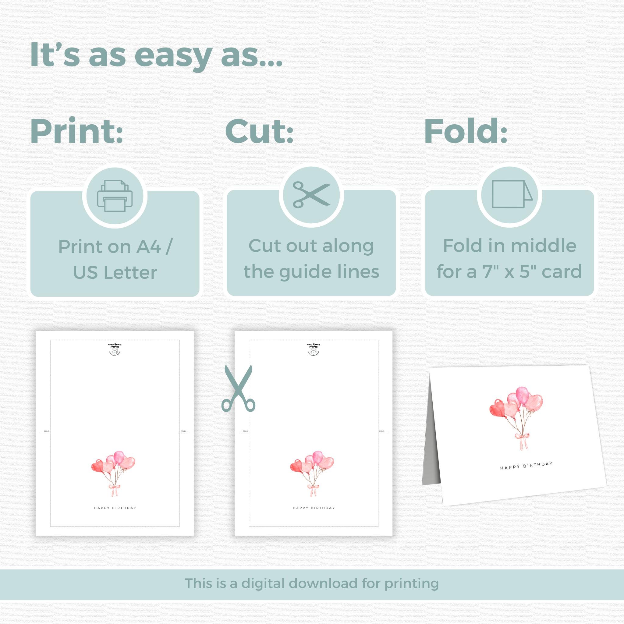 Happy Birthday Card Printable, Balloon Birthday Card Digital Download ...