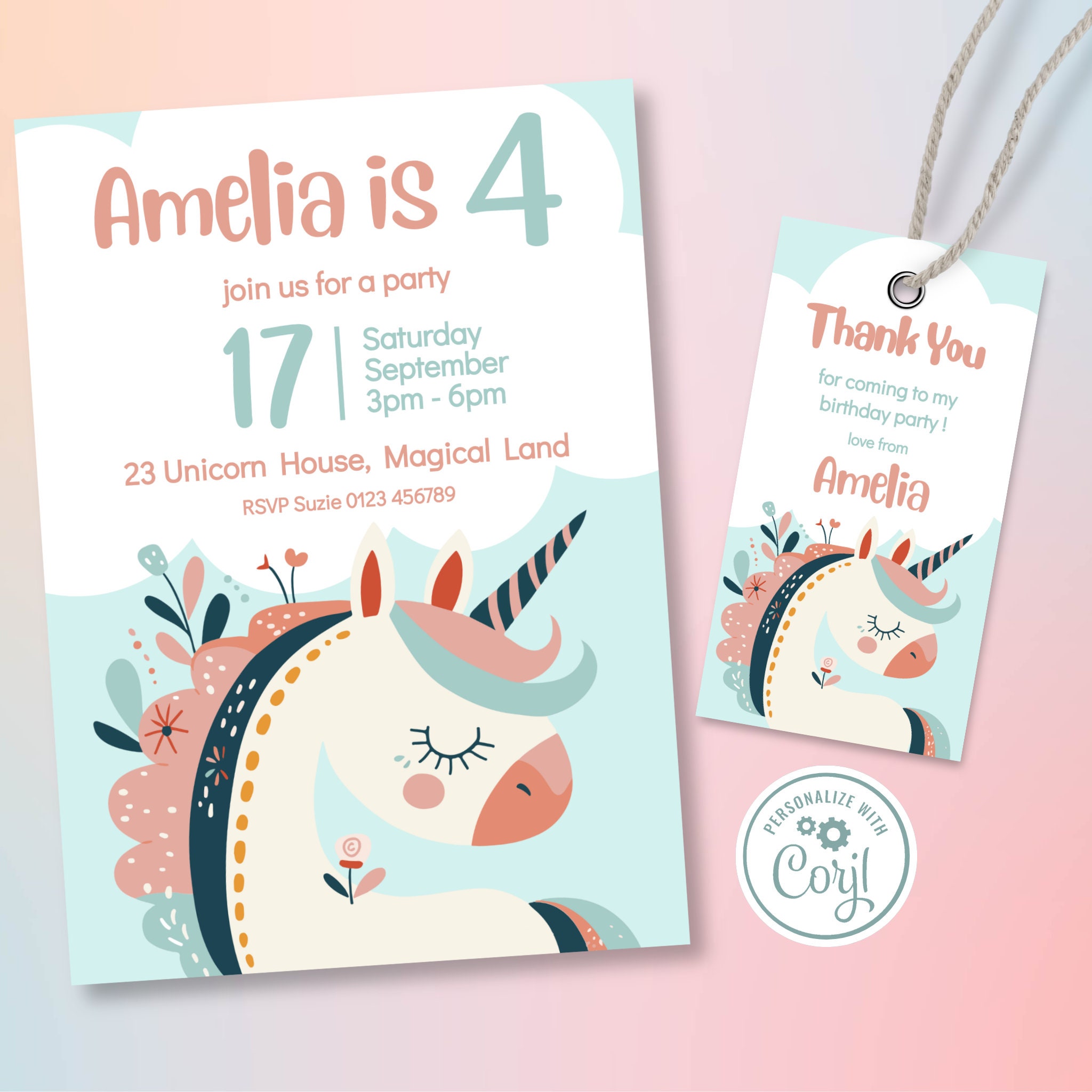 Editable Unicorn Birthday Invitation, Unicorn Thank You Tag, Unicorn ...