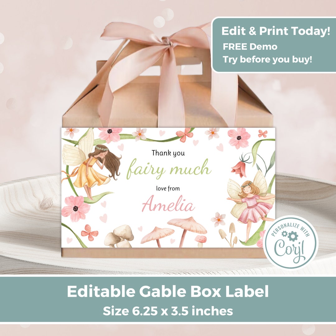 Fairy Gable Box Label Template, Fairy Pink Birthday Favor Box Label ...