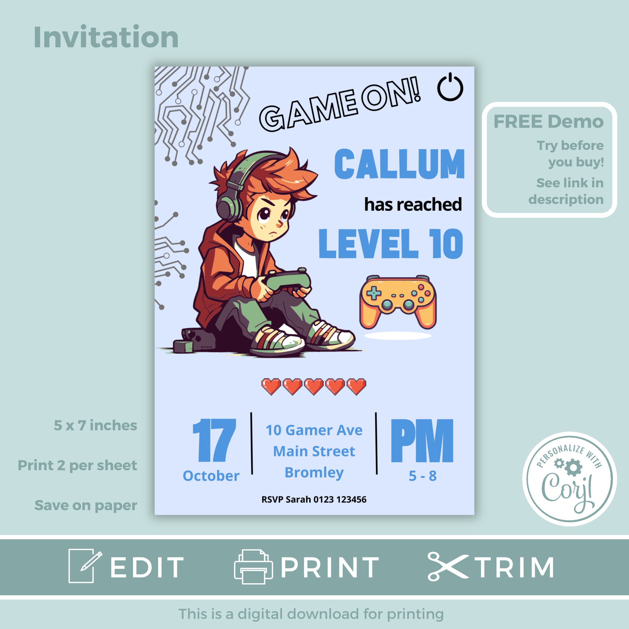 Editable Game-themed Birthday Invitation Template and Matching Thank ...