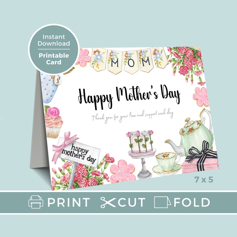 Printable Mothers Day Card, Tea Party Mothers Day Card, DIY Greeting ...