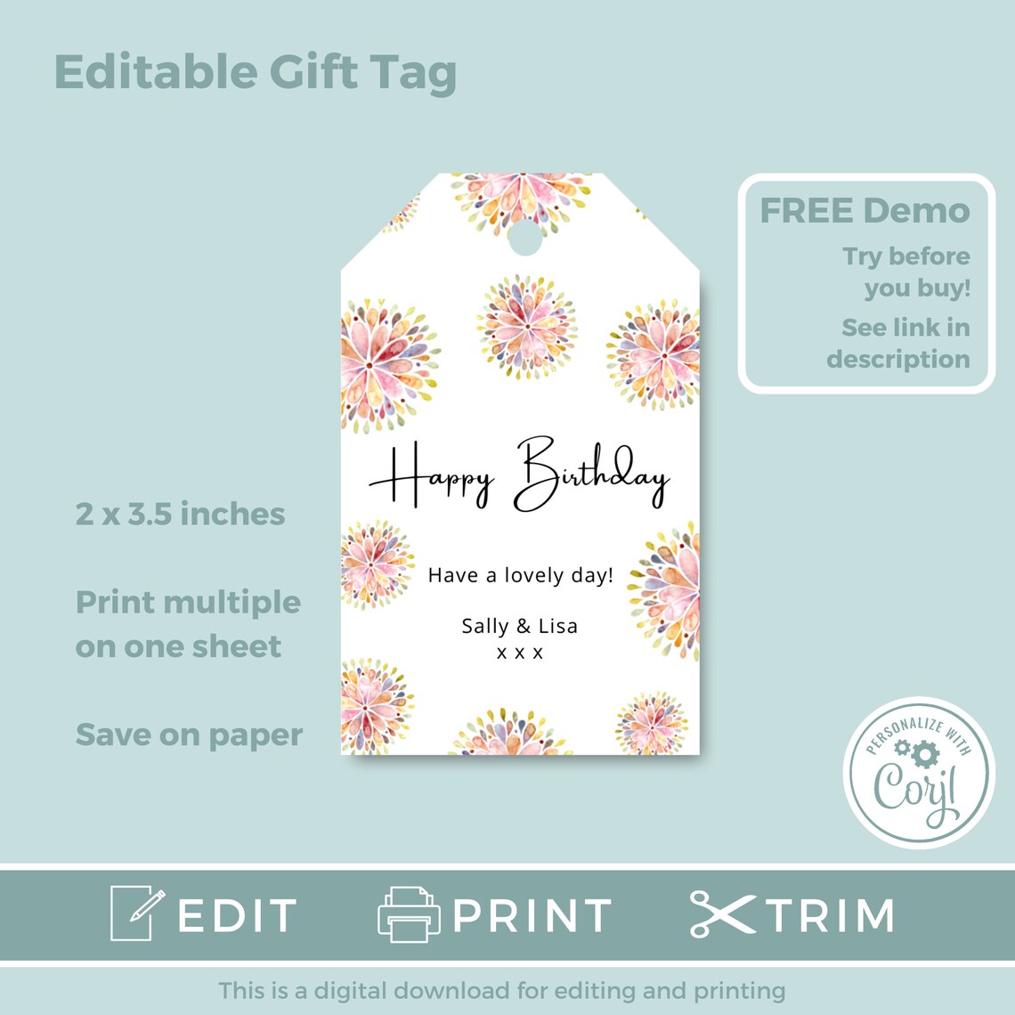 Personalised Birthday Gift Tags With Flowers, Editable Happy Floral ...