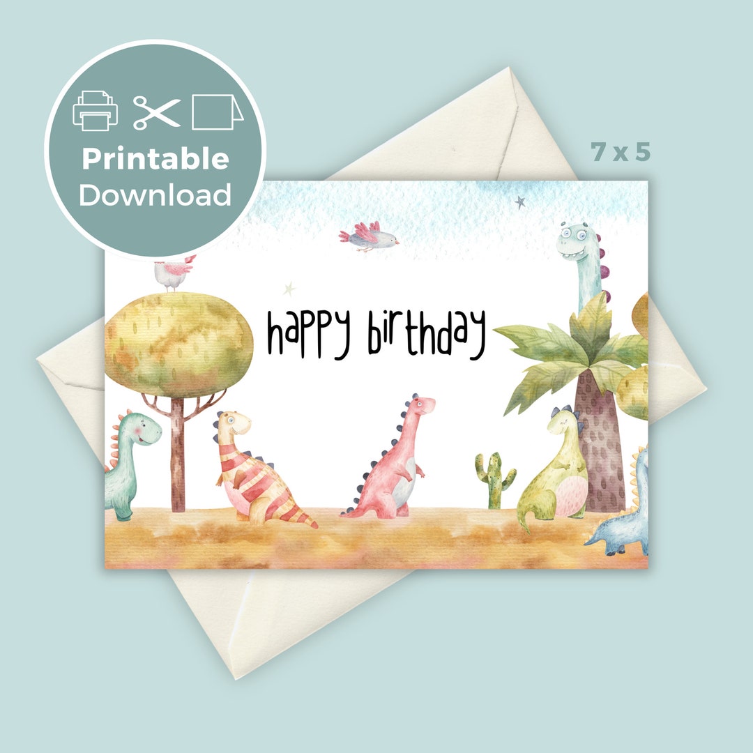 Birthday Card With Dinosaur Printable, Birthday Greeting Card, Kids ...