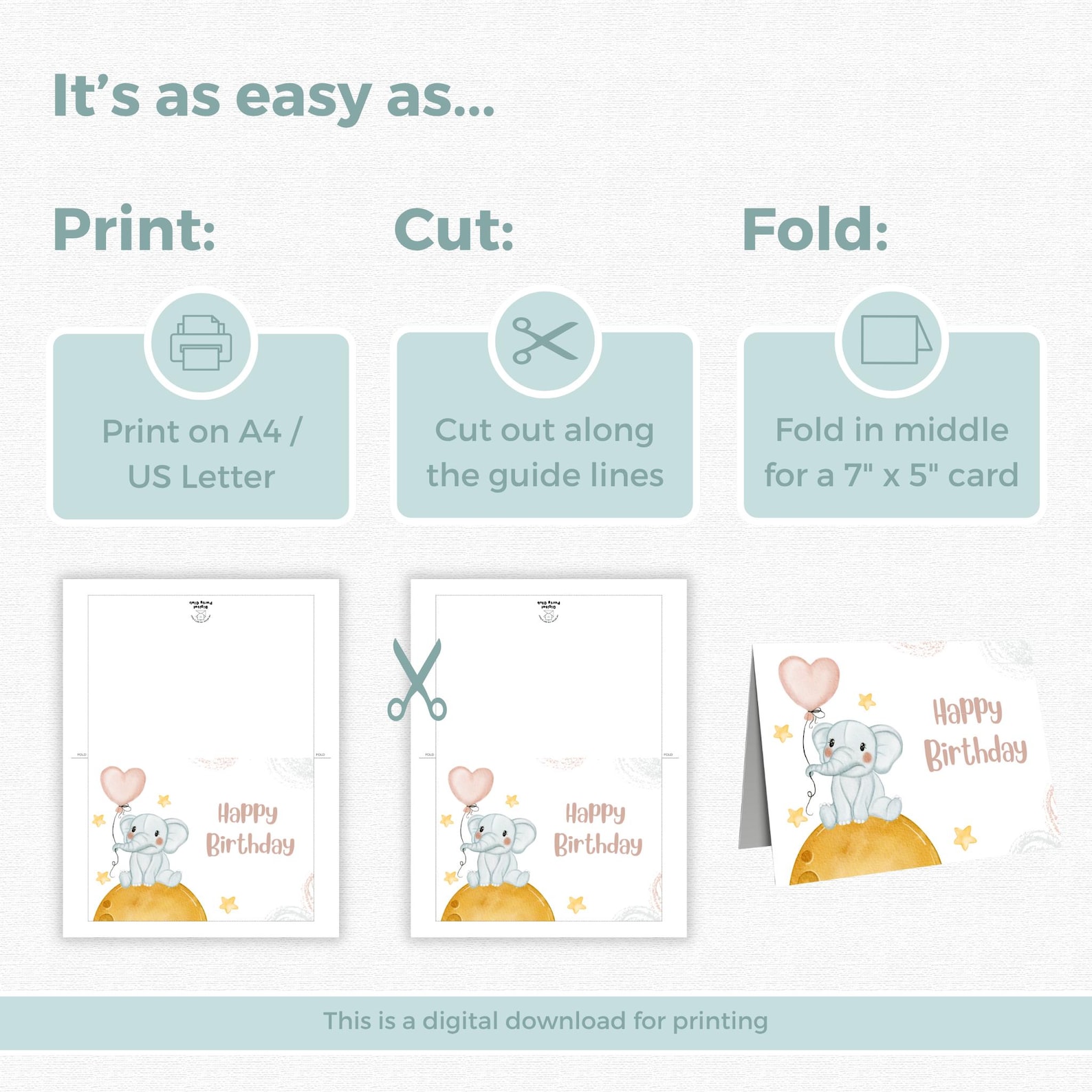 Printable Birthday Card, Happy Birthday Card Baby Elephant, Greetings ...