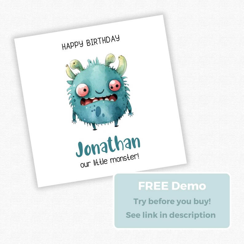 Editable Monster Birthday Card for Kids, Personalised Digital Download ...