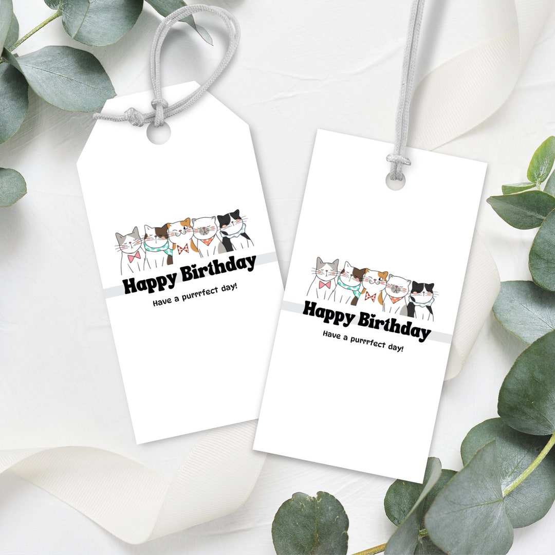 Printable Birthday Gift Tag Cat, Kitty Cat Favour Tag, Print at Home ...