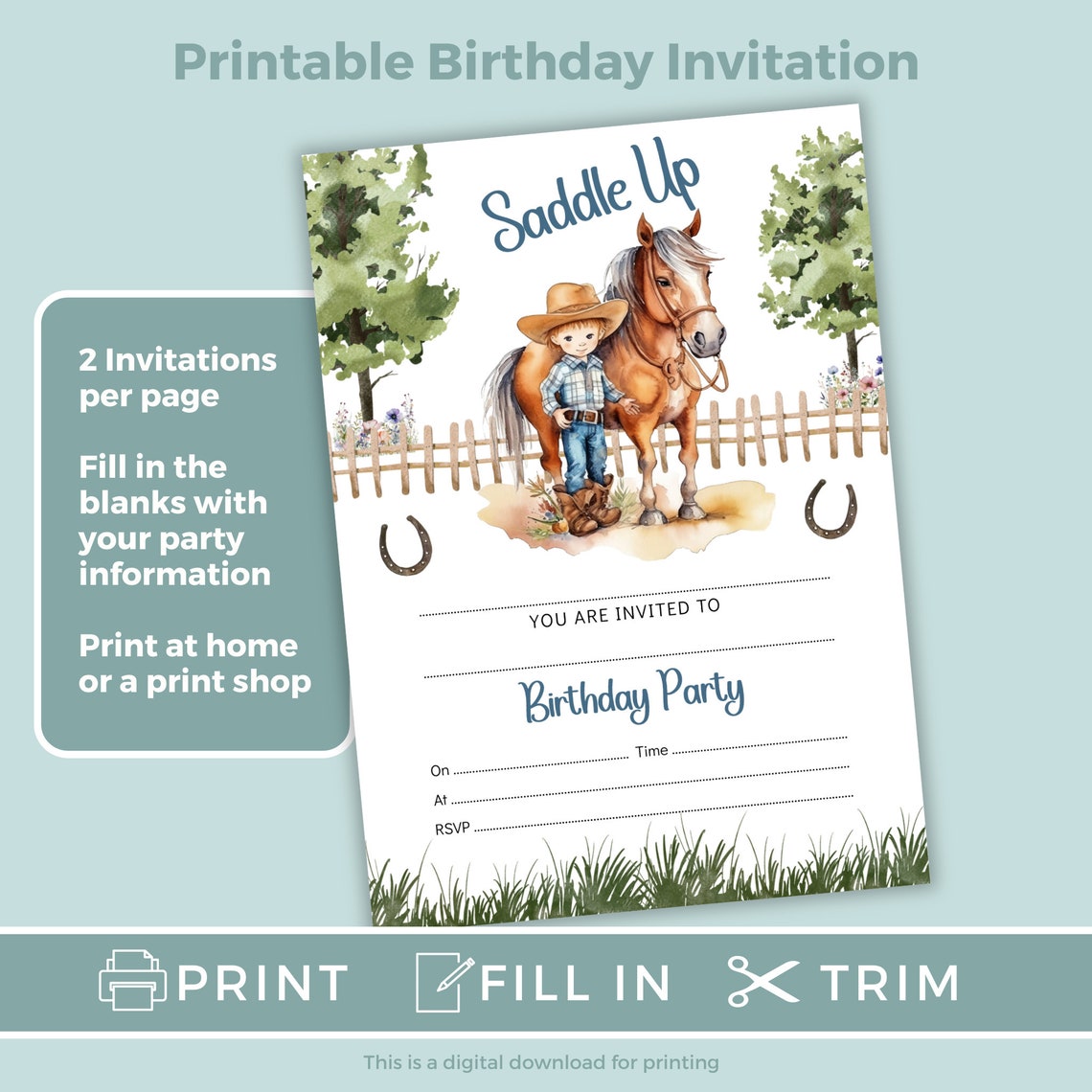 Printable Saddle up Boy Birthday Invitation - Cowboy Fill in Party ...