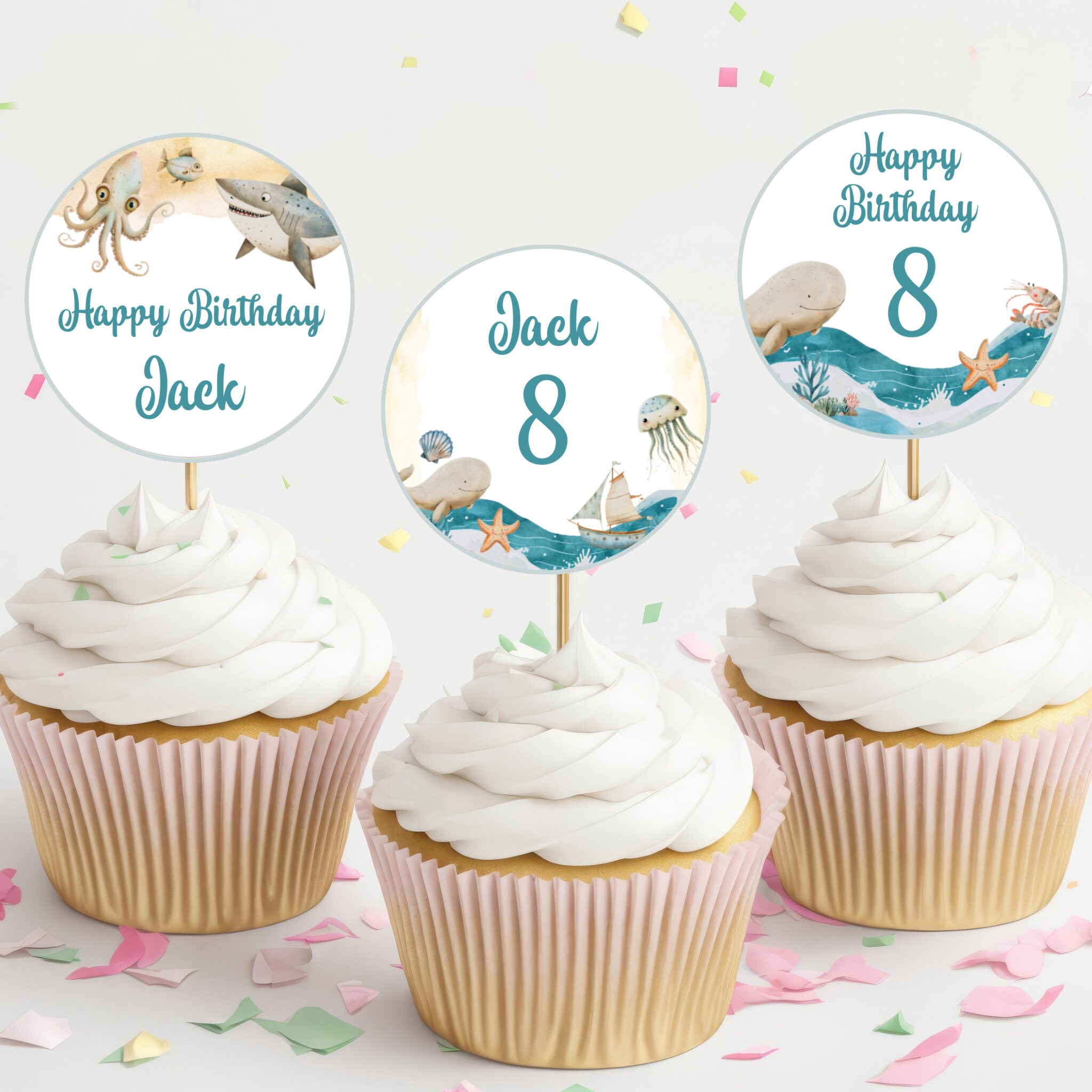 Editable Under the Sea Birthday Cupcake Toppers Ocean Party Cake ...