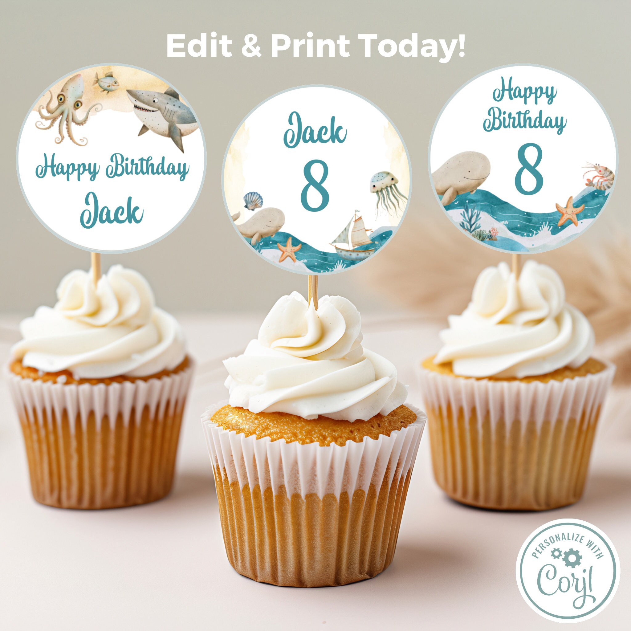 Editable Under the Sea Birthday Cupcake Toppers Ocean Party Cake ...