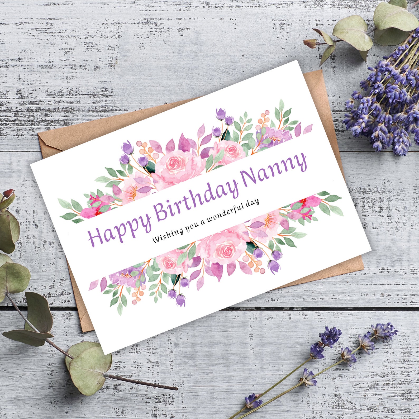 Printable Birthday Card Nanny, Floral Birthday Card Printable Greeting ...