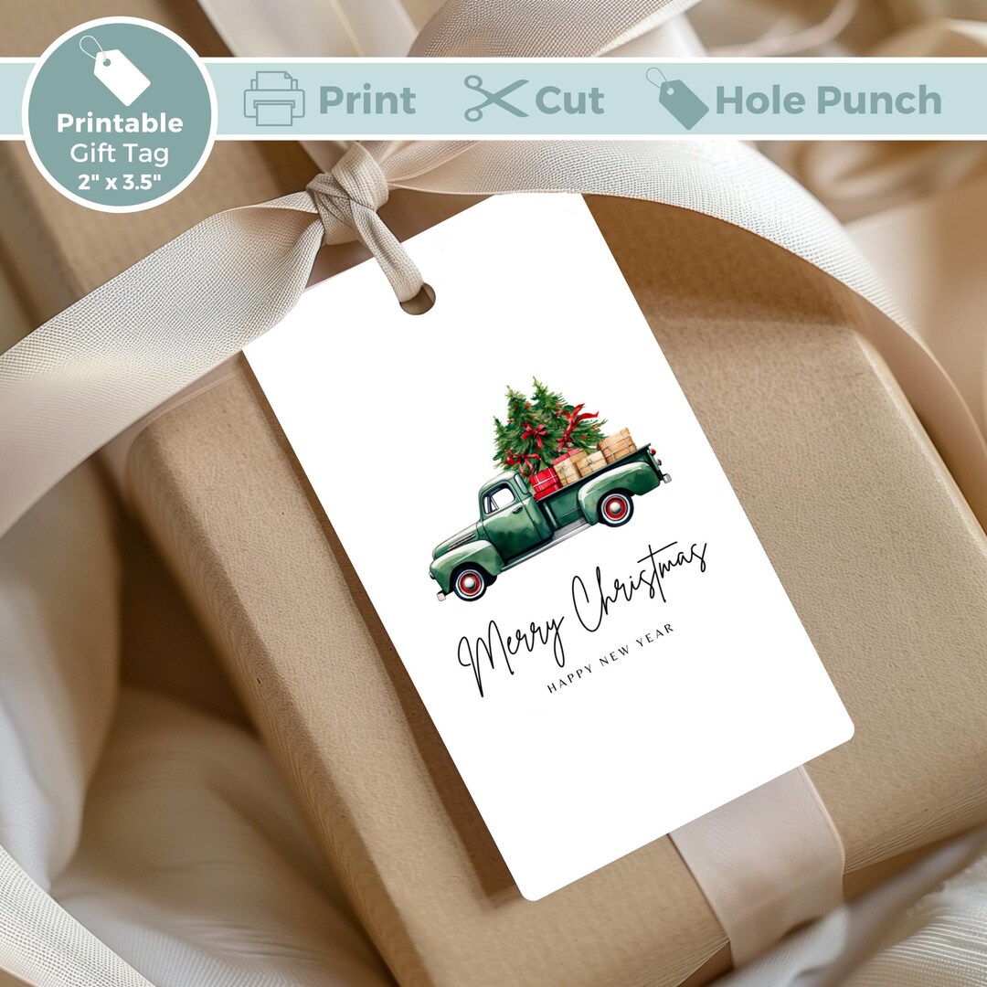 Printable 2x3.5 Christmas Gift Tags, Vintage Truck Holiday Tags, DIY ...