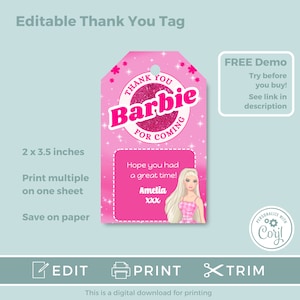 Editable Pink Sparkle Party Thank You Tag, Doll Party Thank You Tag ...