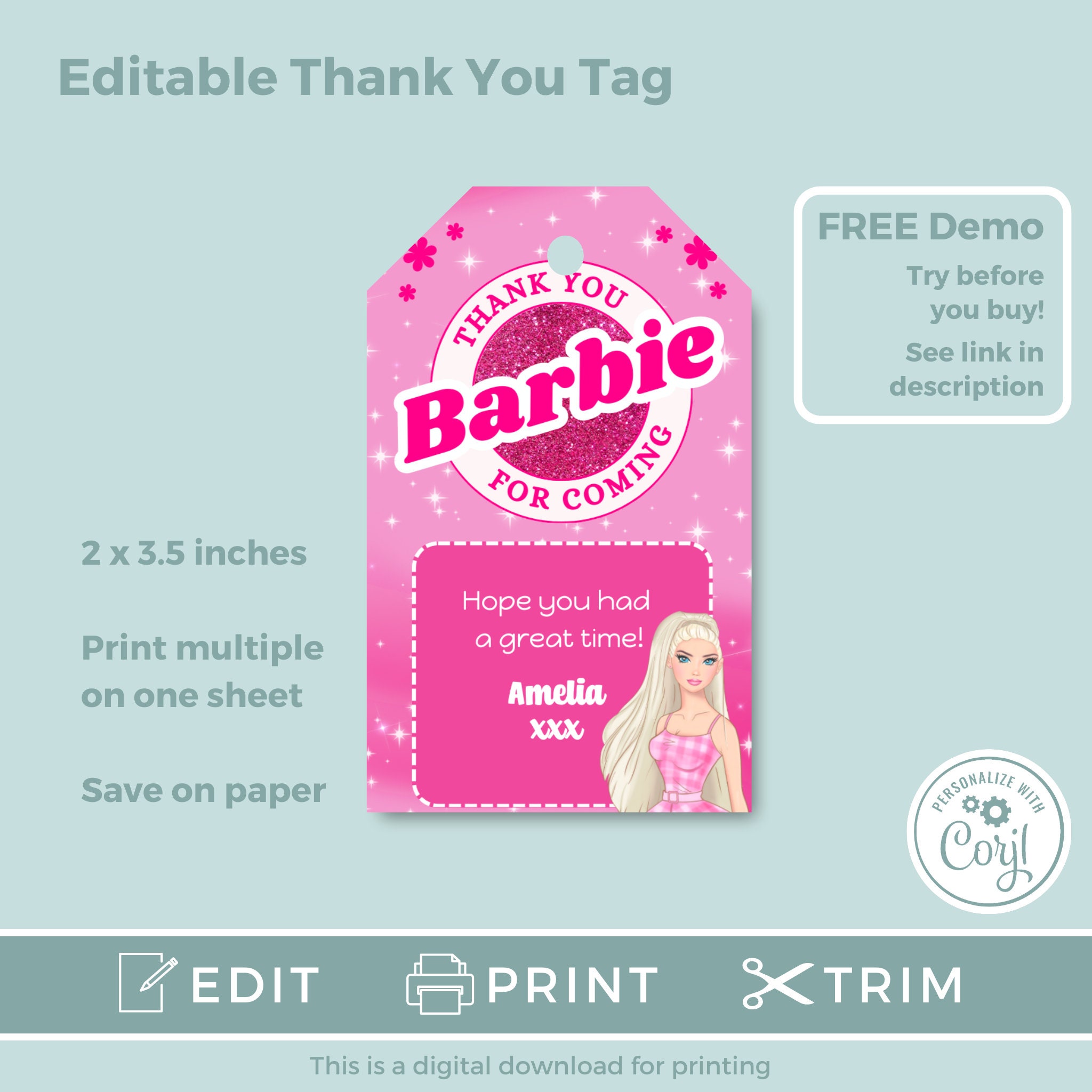 Editable Pink Sparkle Party Thank You Tag, Doll Party Thank You Tag ...