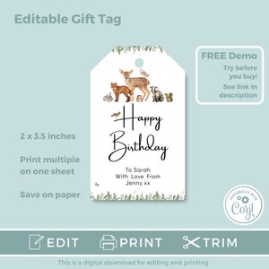 Personalised Birthday Gift Tag Woodland Animal, Birthday Party Favour ...