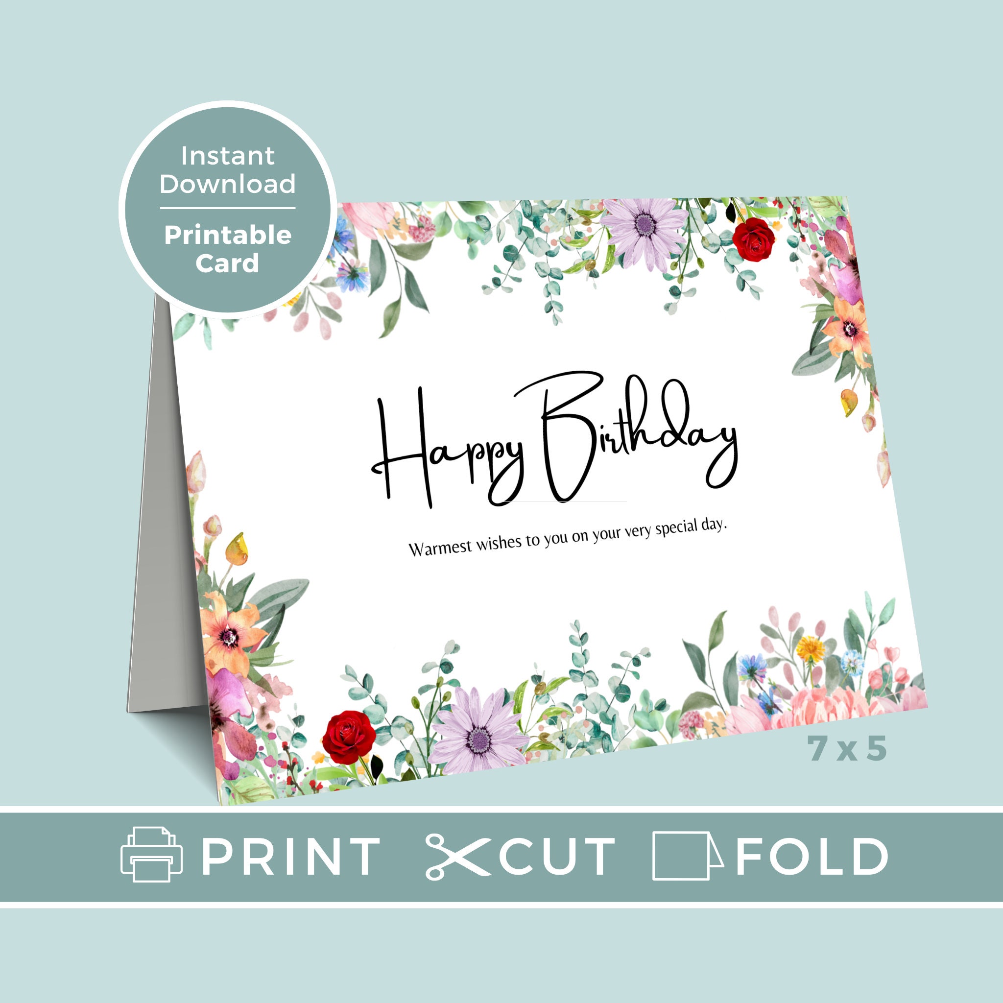 Printable Birthday Card With Flowers, Floral Birthday Card, Printable ...