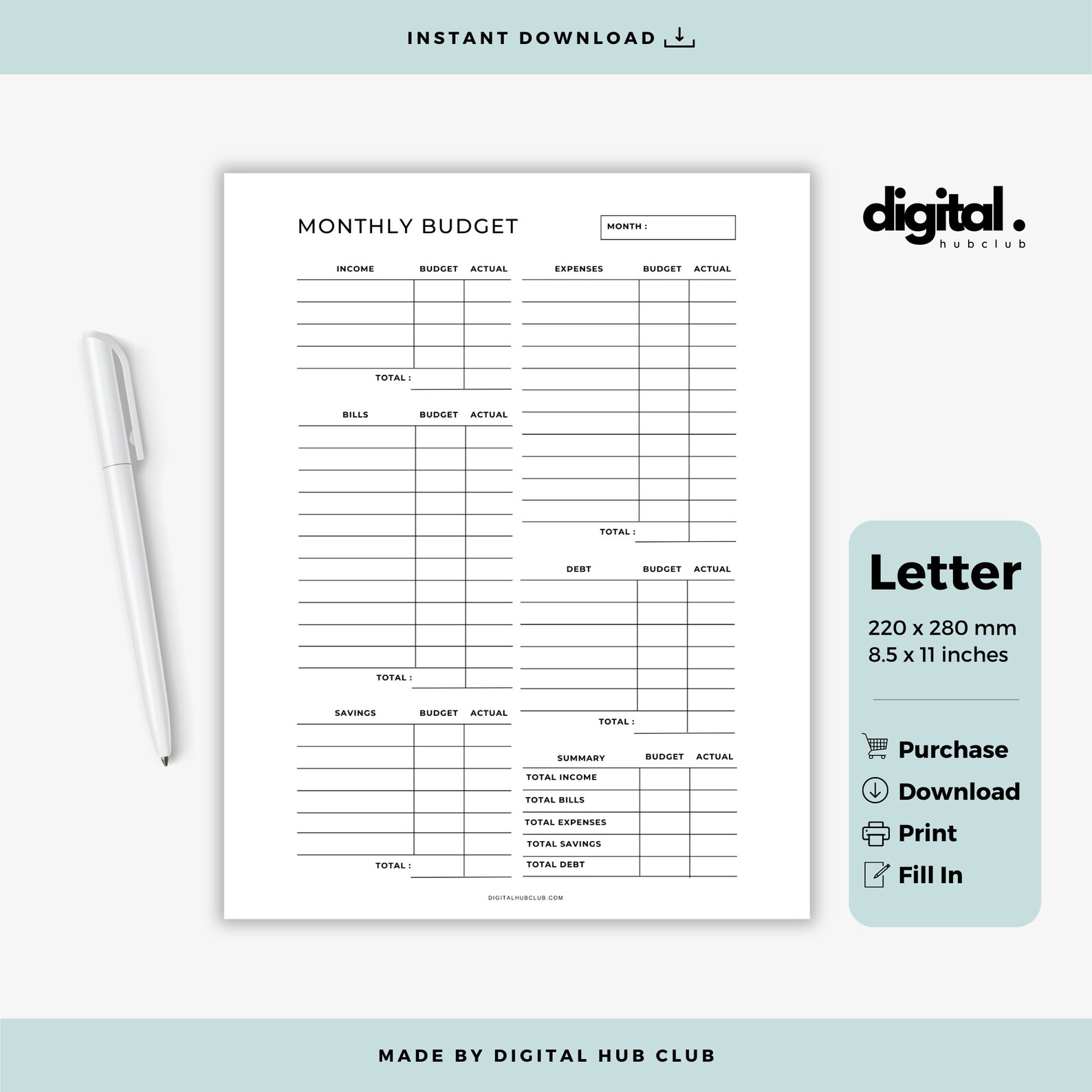 Printable Monthly Budget Planner, Expense Tracker, Financial Organiser ...
