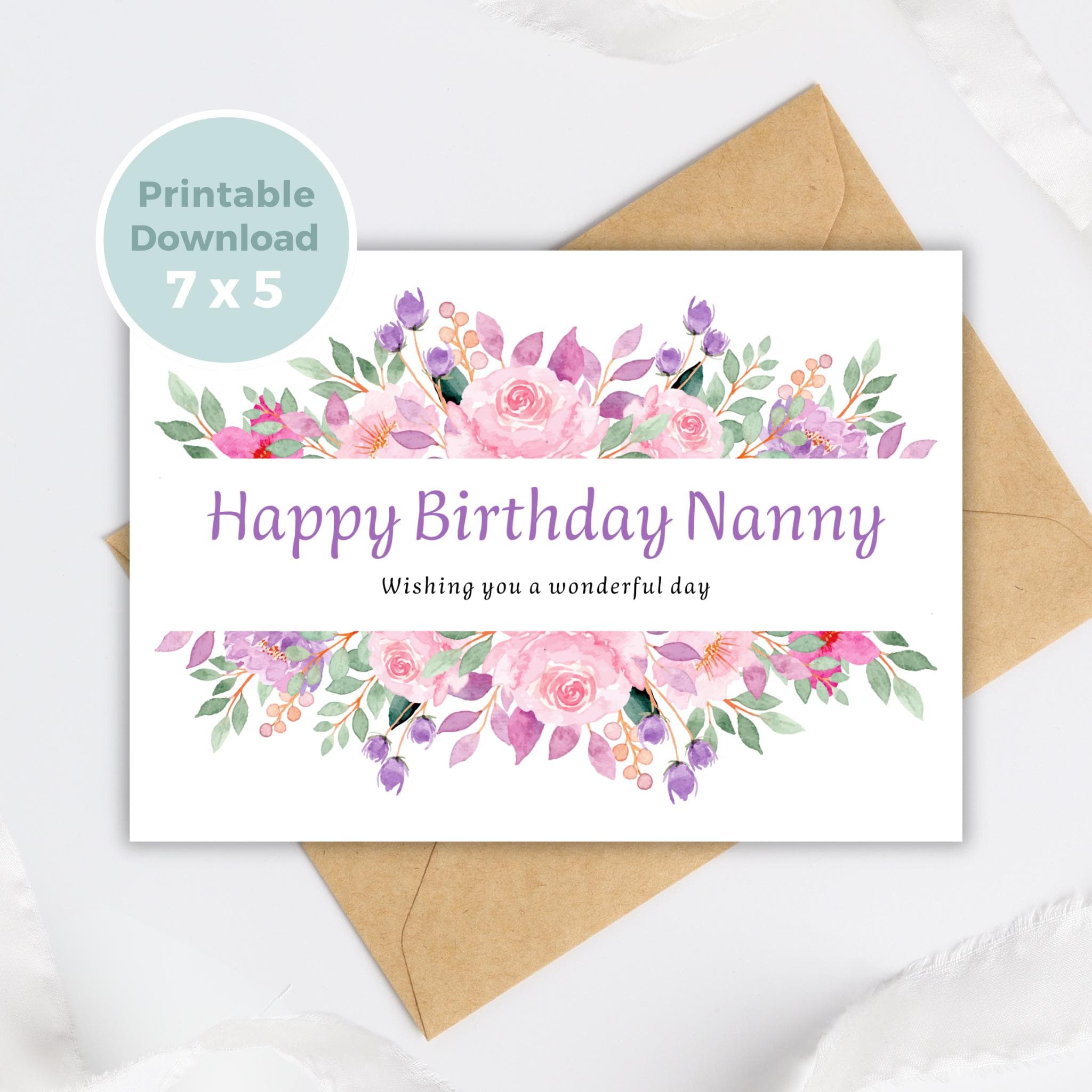 Printable Birthday Card Nanny, Floral Birthday Card Printable Greeting ...