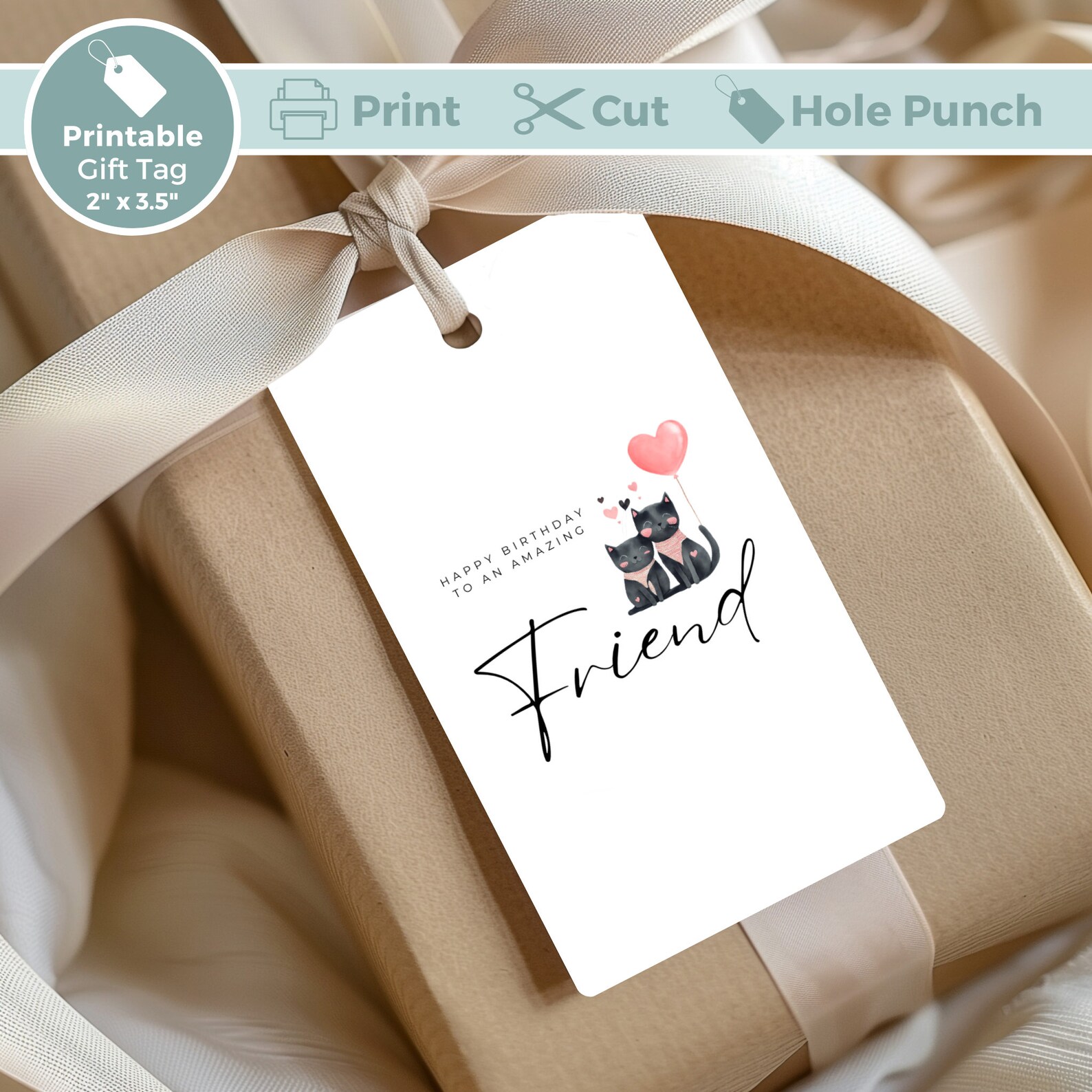 Printable Birthday Gift Tag for Friend, Cute Cat Design, Digital ...