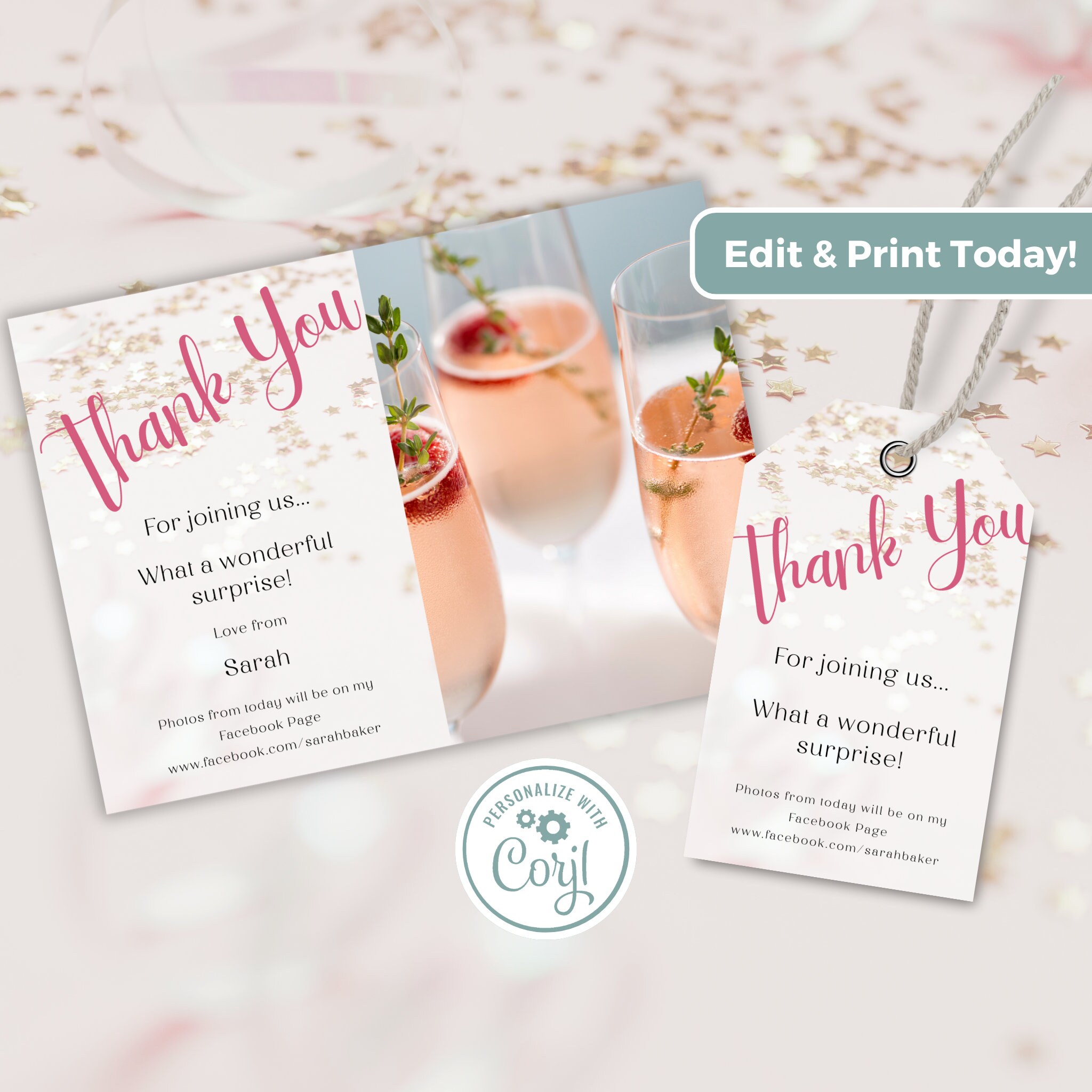 Editable Surprise Pink Thank You Card, Party Thank You Tag, Editable ...