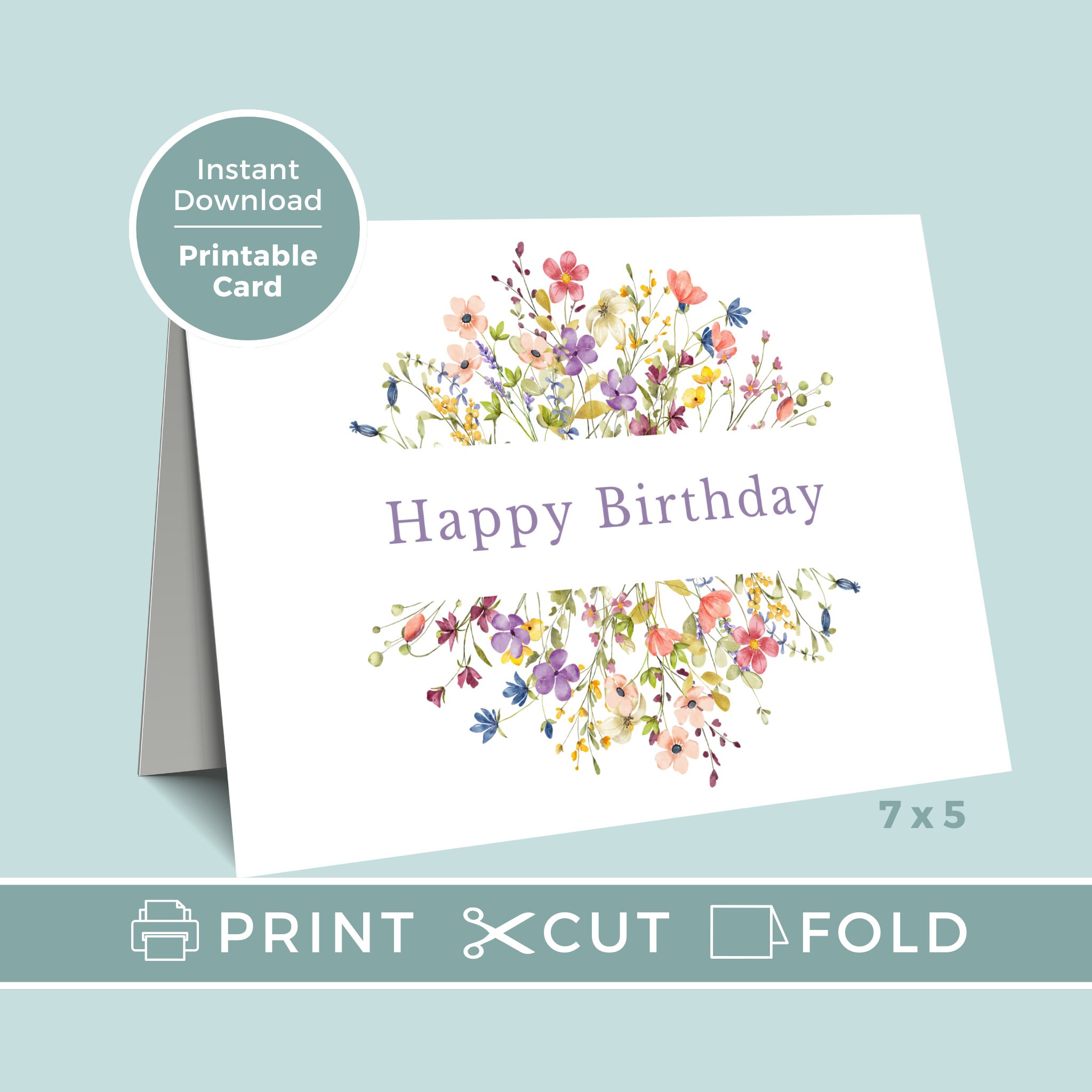Printable Birthday Card With Flowers, Floral Birthday Card, Printable ...