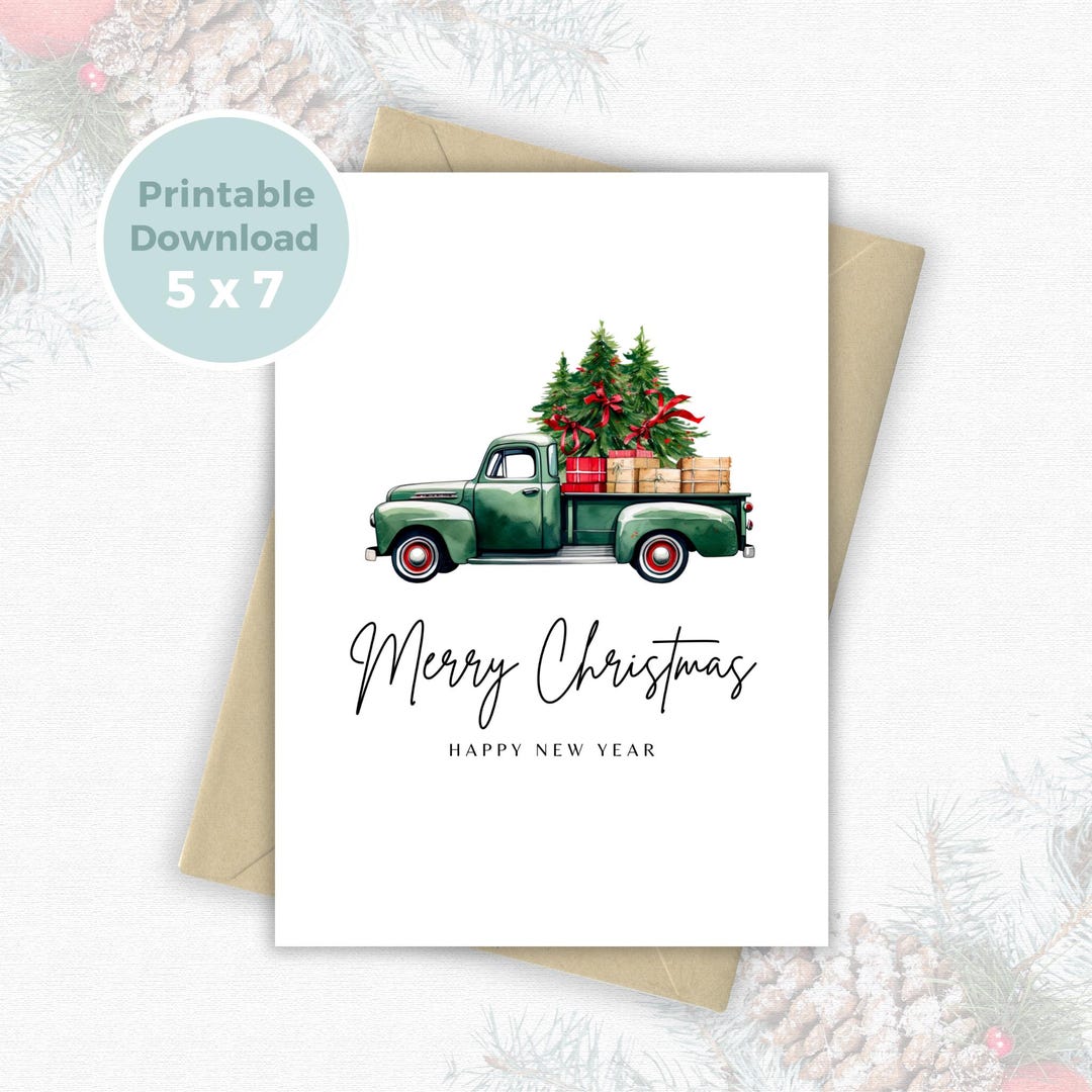 Printable Christmas Card Vintage Green Truck With Trees and Gifts ...