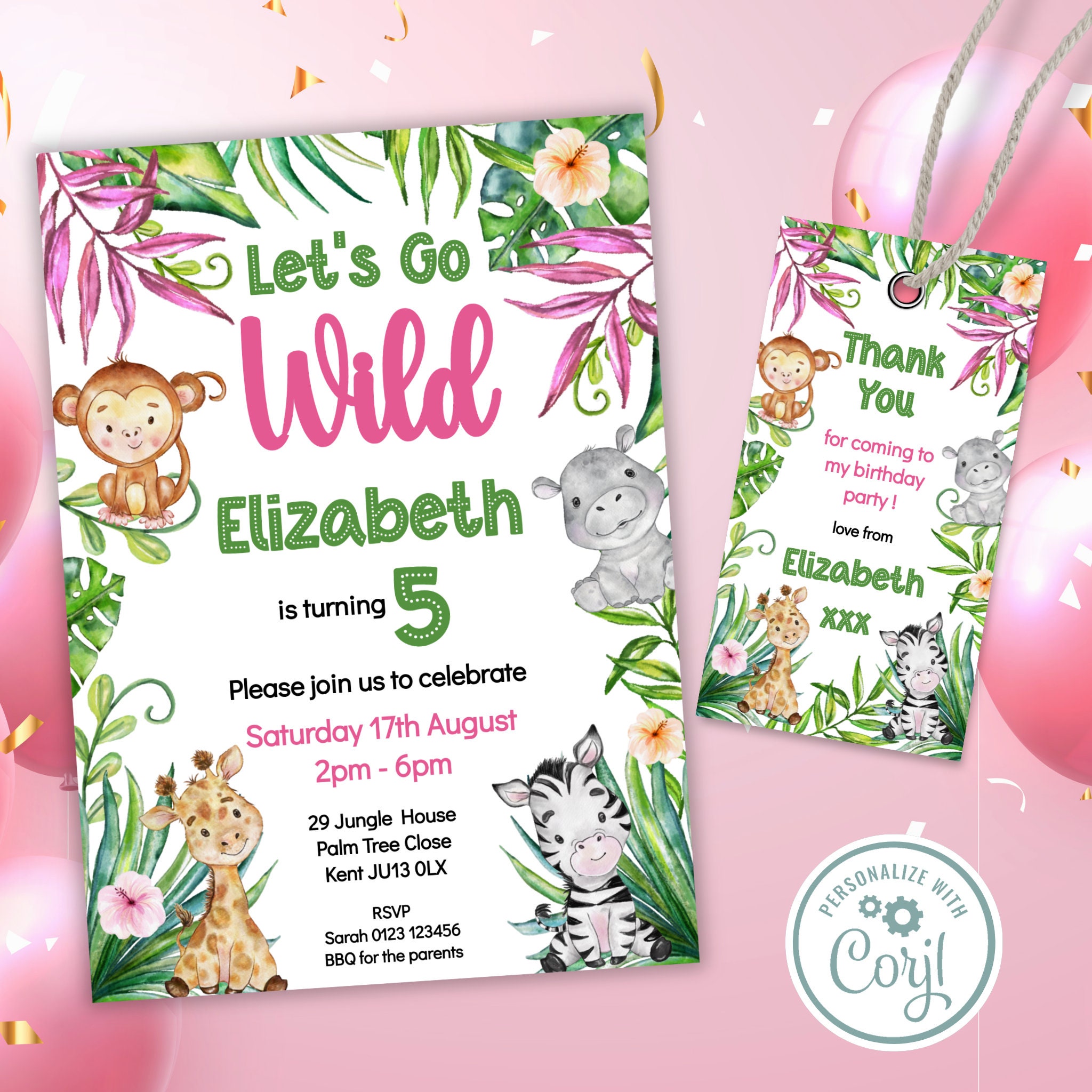 Editable Jungle Lets Go Wild Birthday Invitation, Animal Theme Girls ...