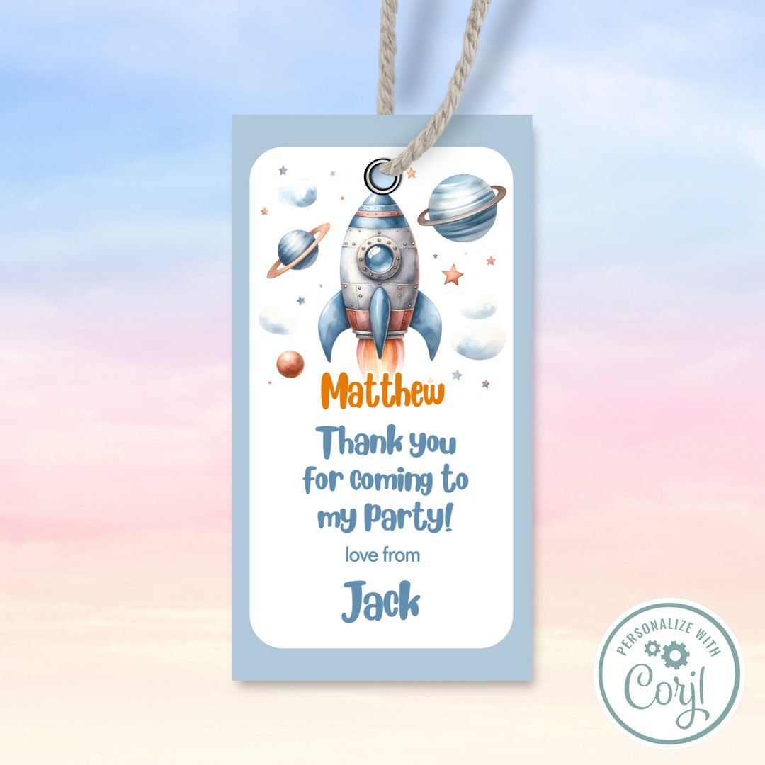 Editable Boys Rocket Ship Birthday Thank You Tag | Space Theme Party ...