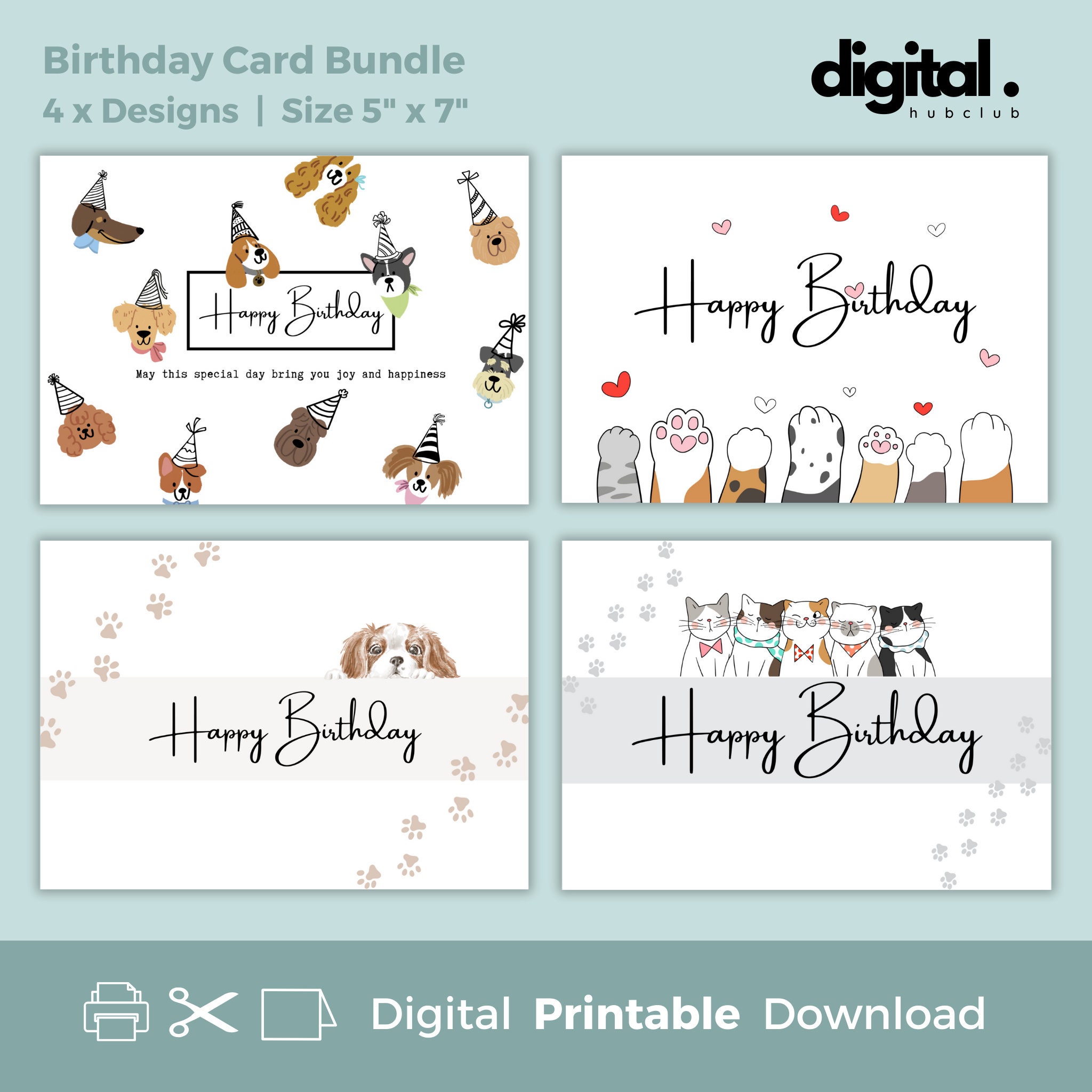 Birthday Card Bundle Printable Dog and Cat Set of 4 Printable - Etsy