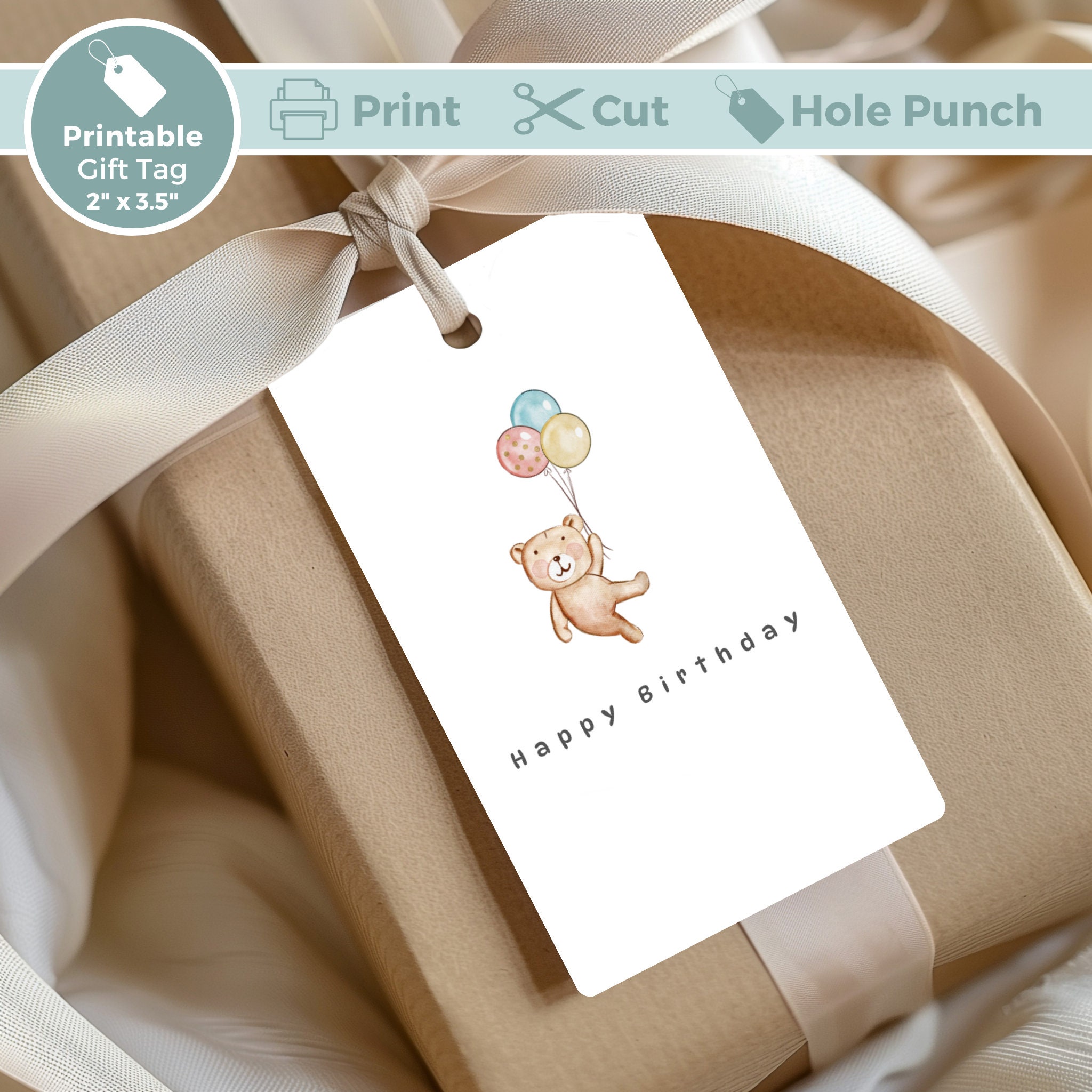 Printable Baby Bear Birthday Gift Tag Instant Download, Cute Teddy ...