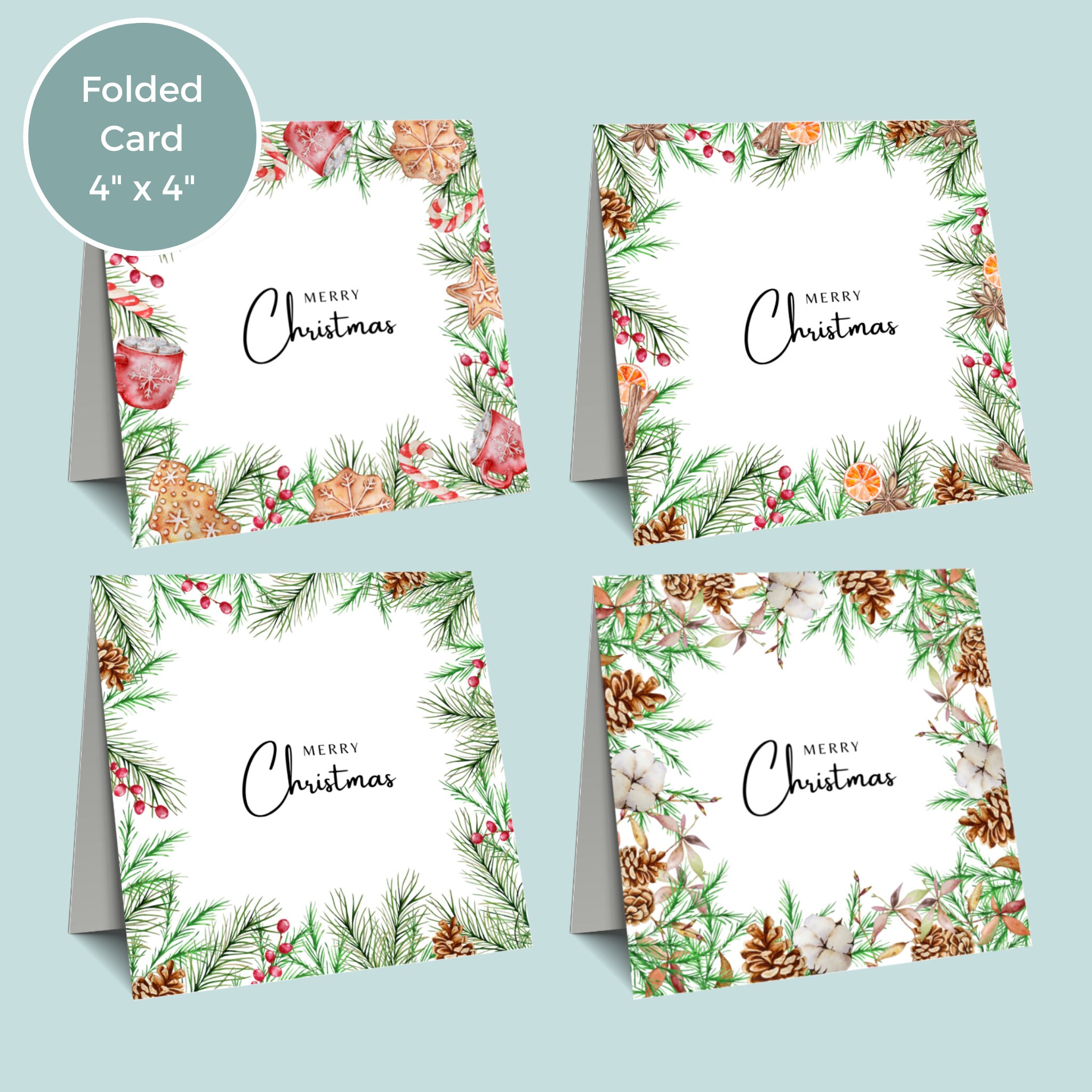 Set of 4 Christmas Cards Printable, Merry Christmas Card, Print at Home ...